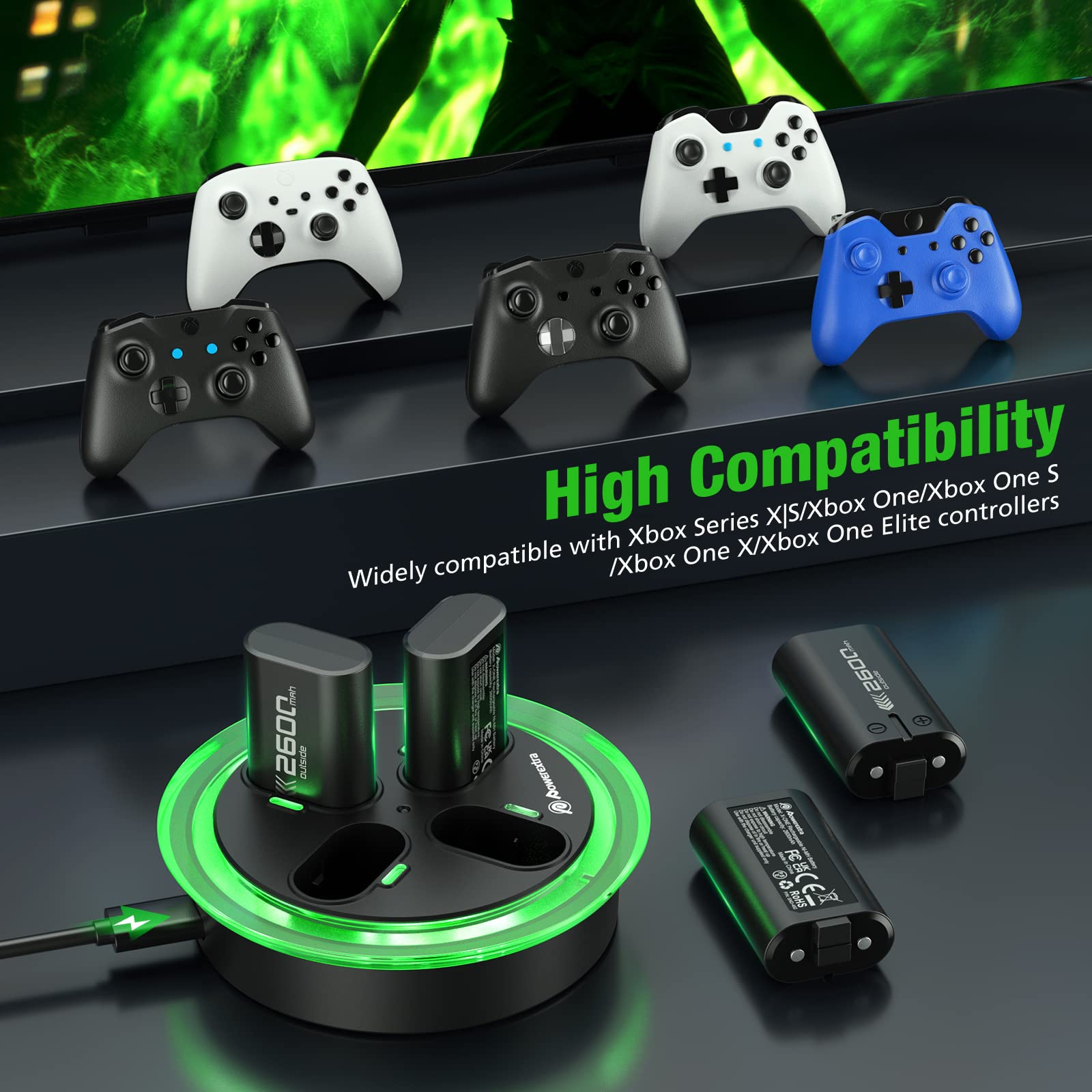 Powerextra Fast Charger Battery Pack for Xbox Controller, 4x2600mAh Rechargeable Batteries for Xbox Series X/S/One X/S/Elite Controllers, Charger Station for Xbox One Battery Pack