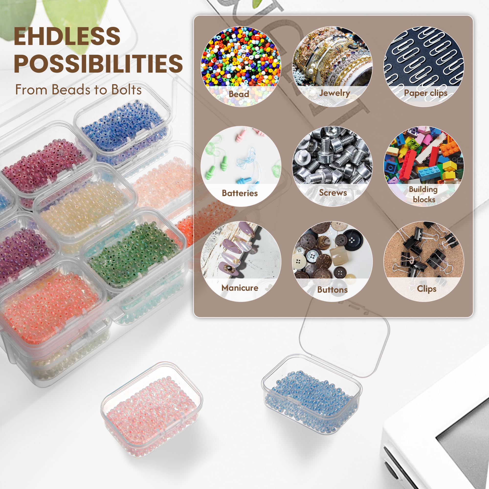 zoeynex Medium Plastic Organizer Boxes, 12 Clear Containers with Hinged Lids, for Beads, Jewelry, Crafts, Electronics, Hardware, School Supplies (32 Labels)