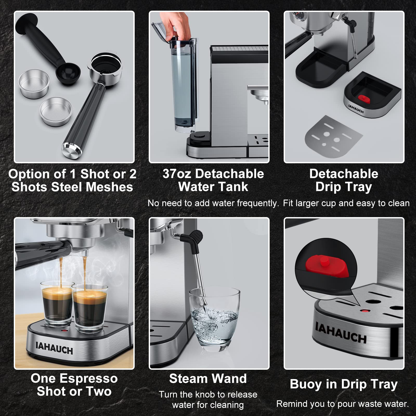 IAHAUCH Espresso Machine 20 Bar, Professional Espresso Maker with Milk Frother Steam Wand, Compact Coffee Machine with 37oz Removable Water Tank