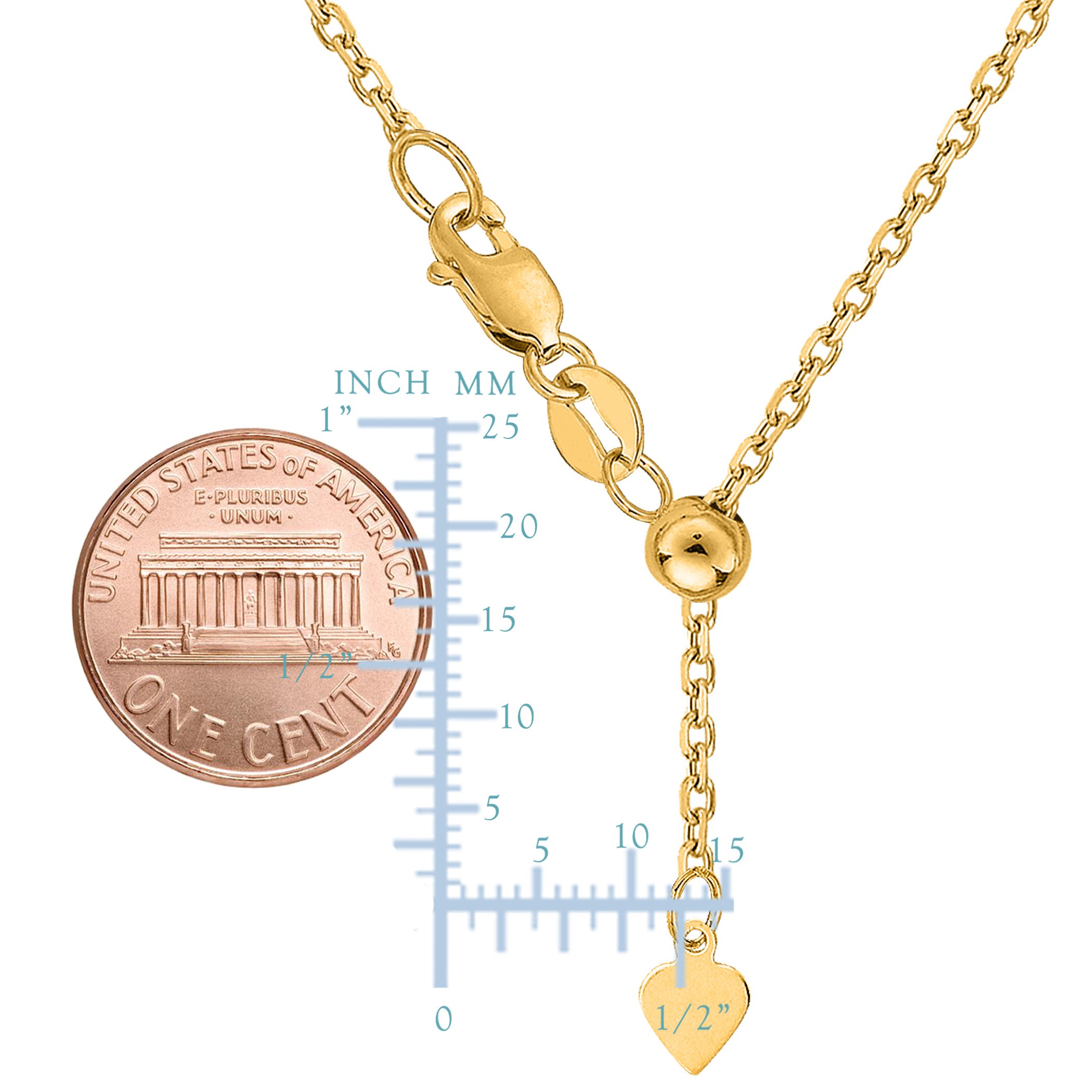 Jewelry Affairs 14k Yellow Real Gold Adjustable Cable Chain Necklace, 0.9mm, 22"