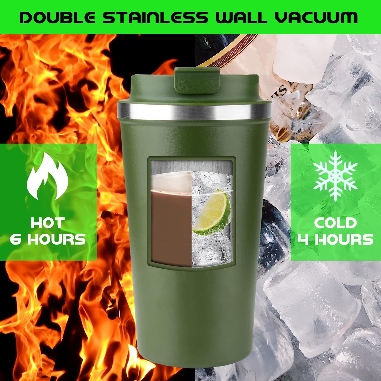 IWANGDS Leak Proof Travel Coffee Mug, Insulated Coffee Mug with Lid, Stainless Steel Vacuum Tumbler, Reusable Coffee Cup for Keep Hot Ice Drinks, 13oz Cute Mini Thermos with Cat Paw Pattern (Green*1)