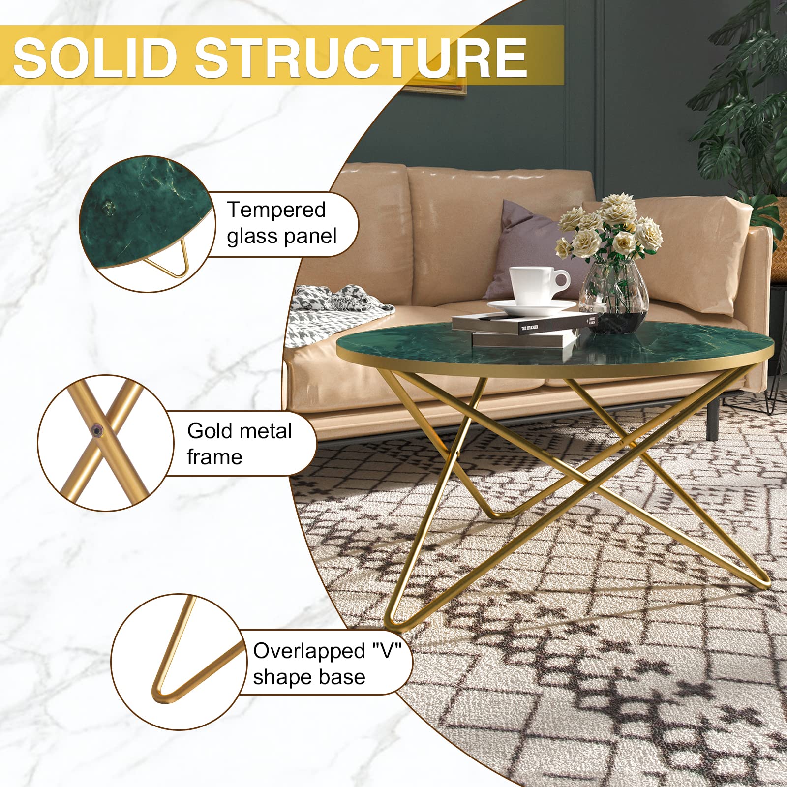 HLR Round coffee table with Green Faux Marble Top