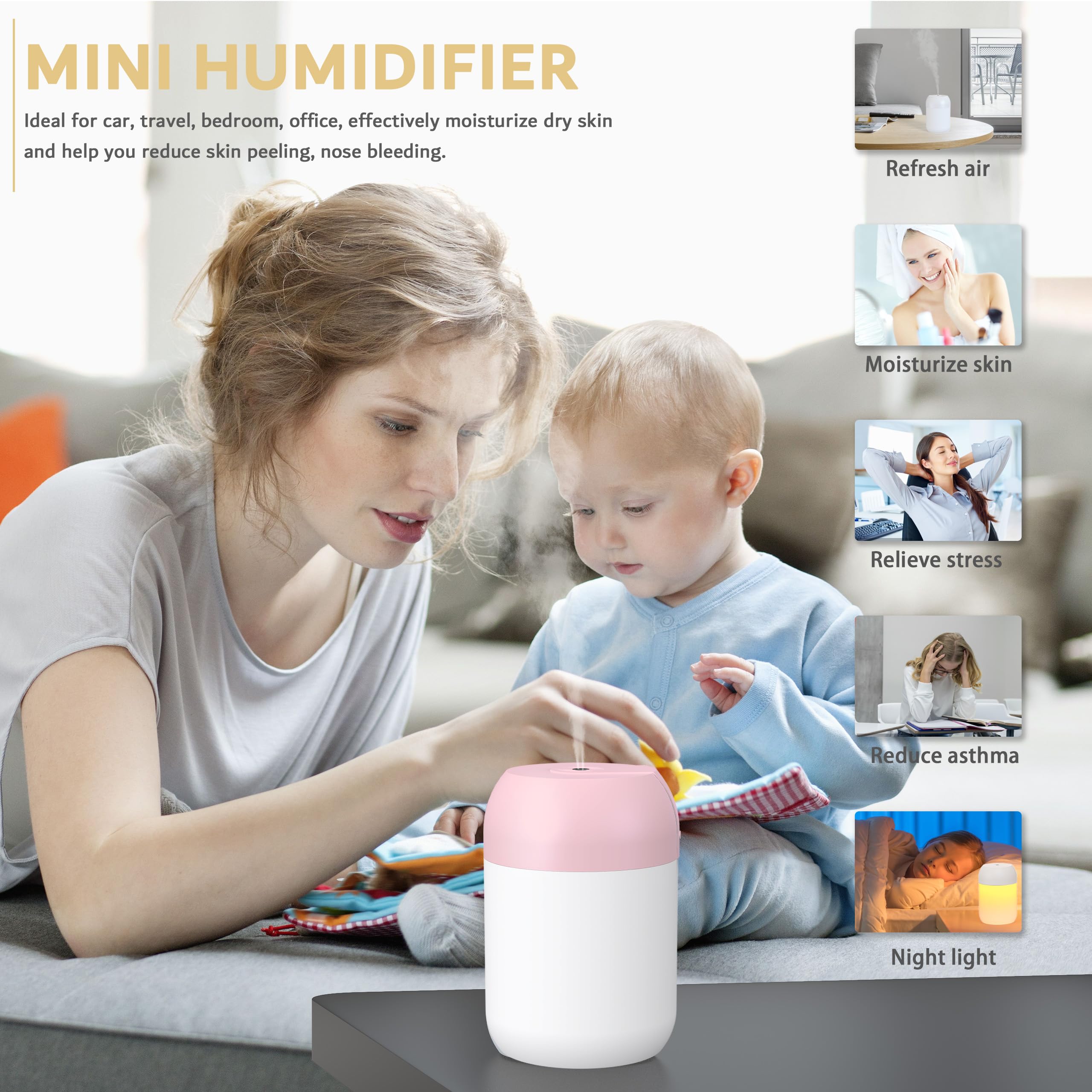 Portable Mini Humidifier, Small Cool Mist Humidifier with Night Light, USB Personal Desktop Humidifier for Baby Bedroom Travel Office Home, 2 Spray Modes, Waterless Auto Shut-Off, Super Quie (Pink)
