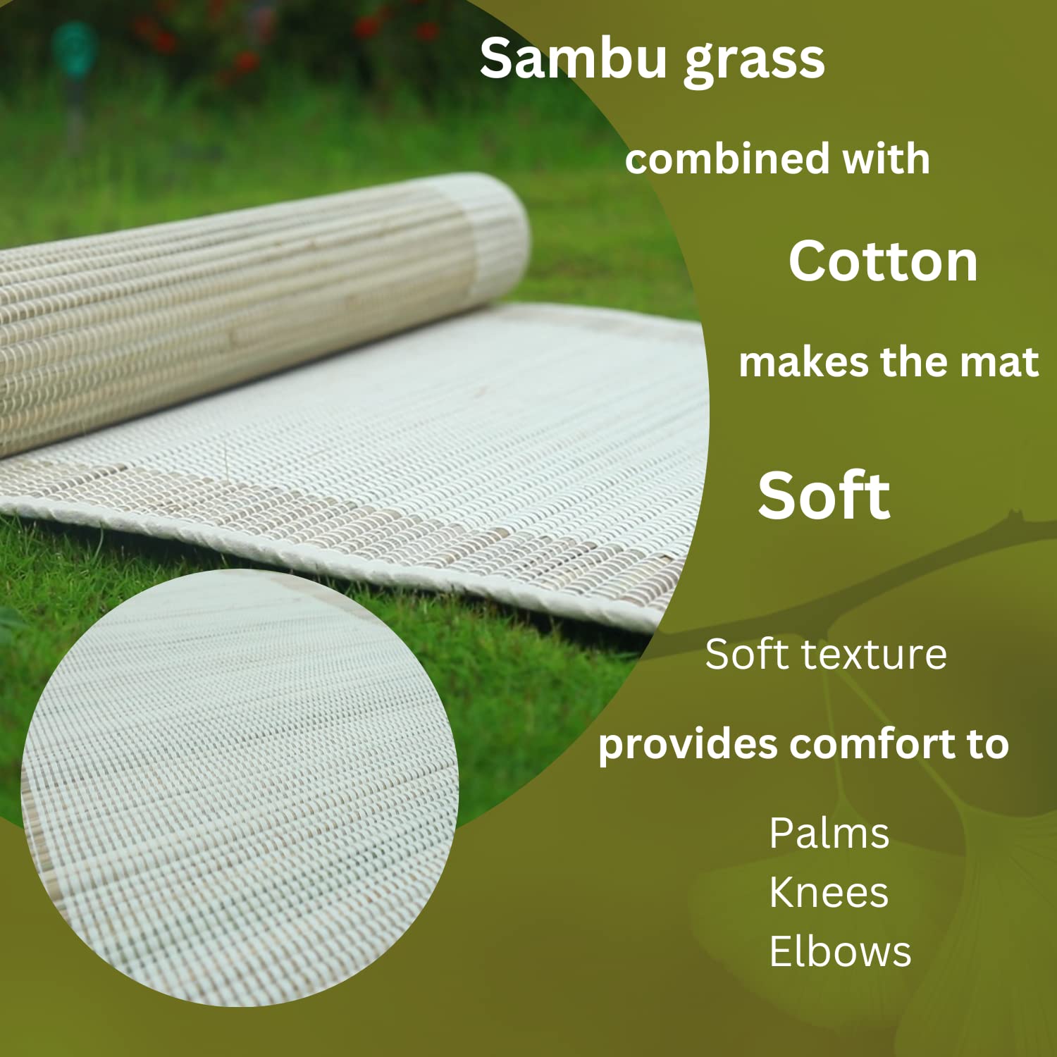 JD NATURAL - "Tranquil" Yoga Mat - Handwoven from Sambu Grass and Cotton. Extra Soft Better Grip Mat. Makes your Yoga session Pleasant and Blissful Length 72 inches x Width 27 inches Thickness 4 mm