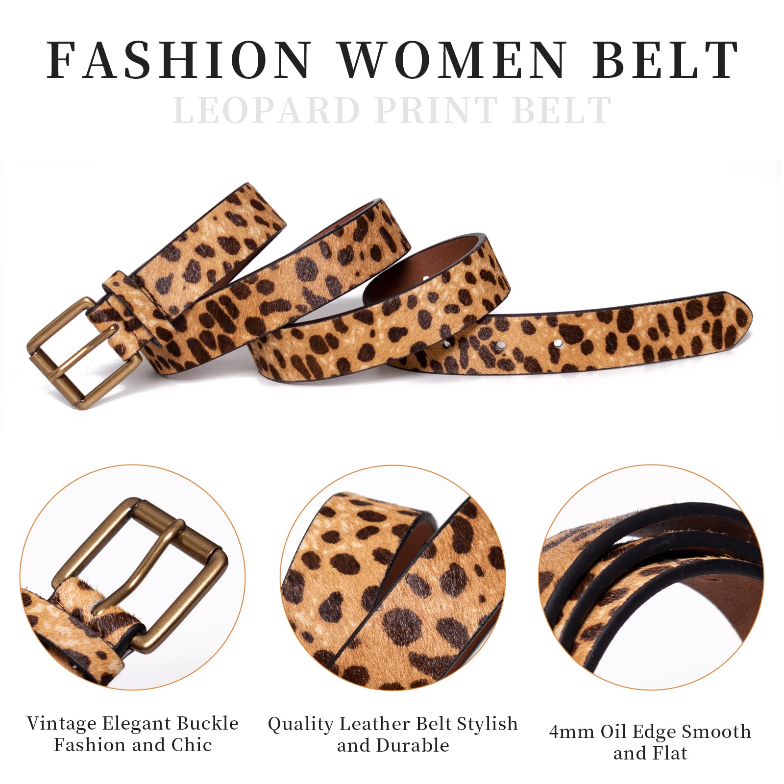 JIEDE Leopard Print Belt for Women Genuine Leather Waist Belts for Jeans(Width-28mm, M - Fits Waist 32''-38''