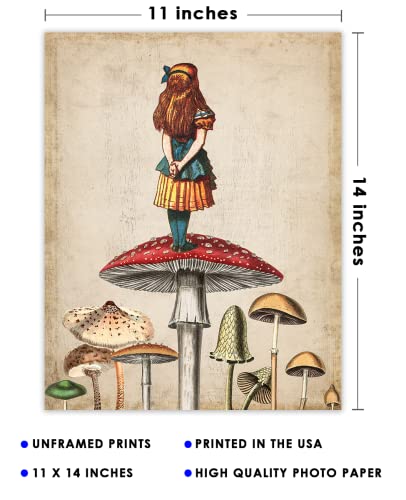 Whimsical Alice Atop Mushrooms Wall Art Print - 11x14 Unframed Picture For Home, Office, Classroom, Dorm, Living Room & Bedroom Decor - Creative Gift Idea For Alice Fans