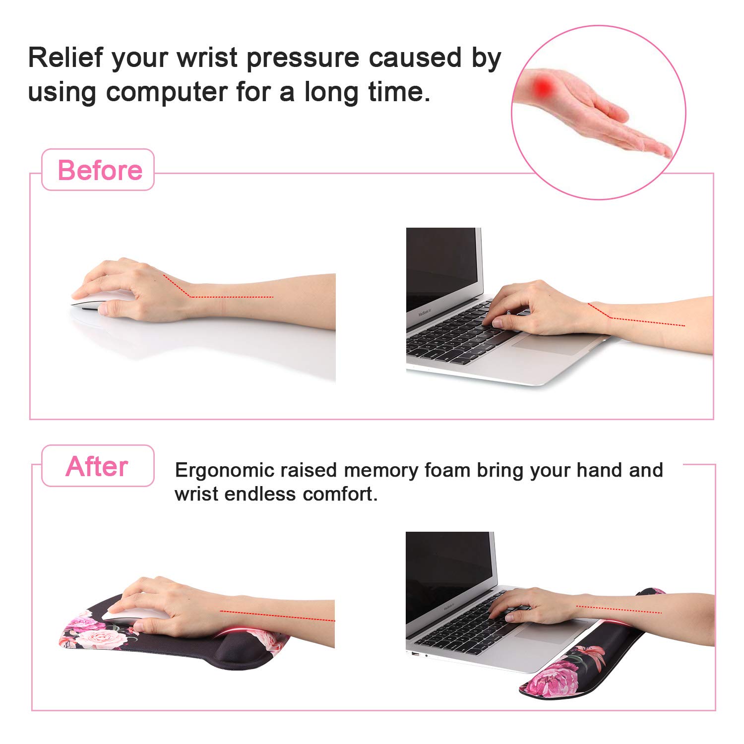 iLeadon Keyboard Wrist Rest Pad and Mouse Pad Wrist Support, Non Slip Rubber Base Mousepad Set, Mouse Wrist Rest with Ergonomic Raised Memory Foam for Easy Typing & Pain Relief, Adorable Peony Flower