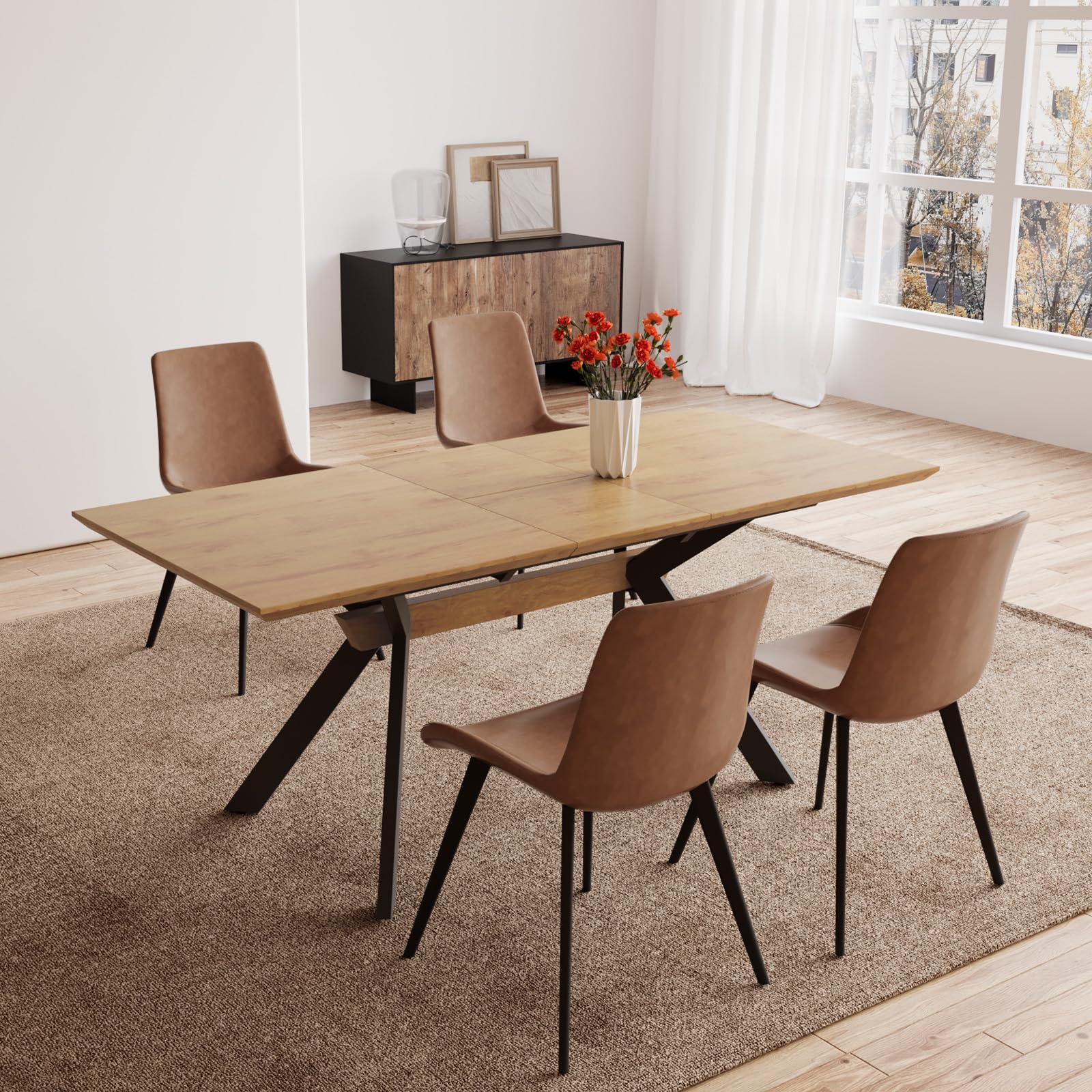 jiexi 7 Piece Dining Table Set, 55'' to 71'' Extendable Rectangular Dining Table with 6 PU Dining Chairs for 4-6, Modern MDF Kitchen Table for Kitchen, Dining Room