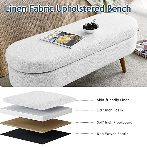 IAFIKE Oval Storage Bench 43.5" Linen Fabric Upholstered Ottoman Indoor Bench with Solid Wood Legs for Living Room/Bedroom/End of Bed/Entryway/Bed Side (White)