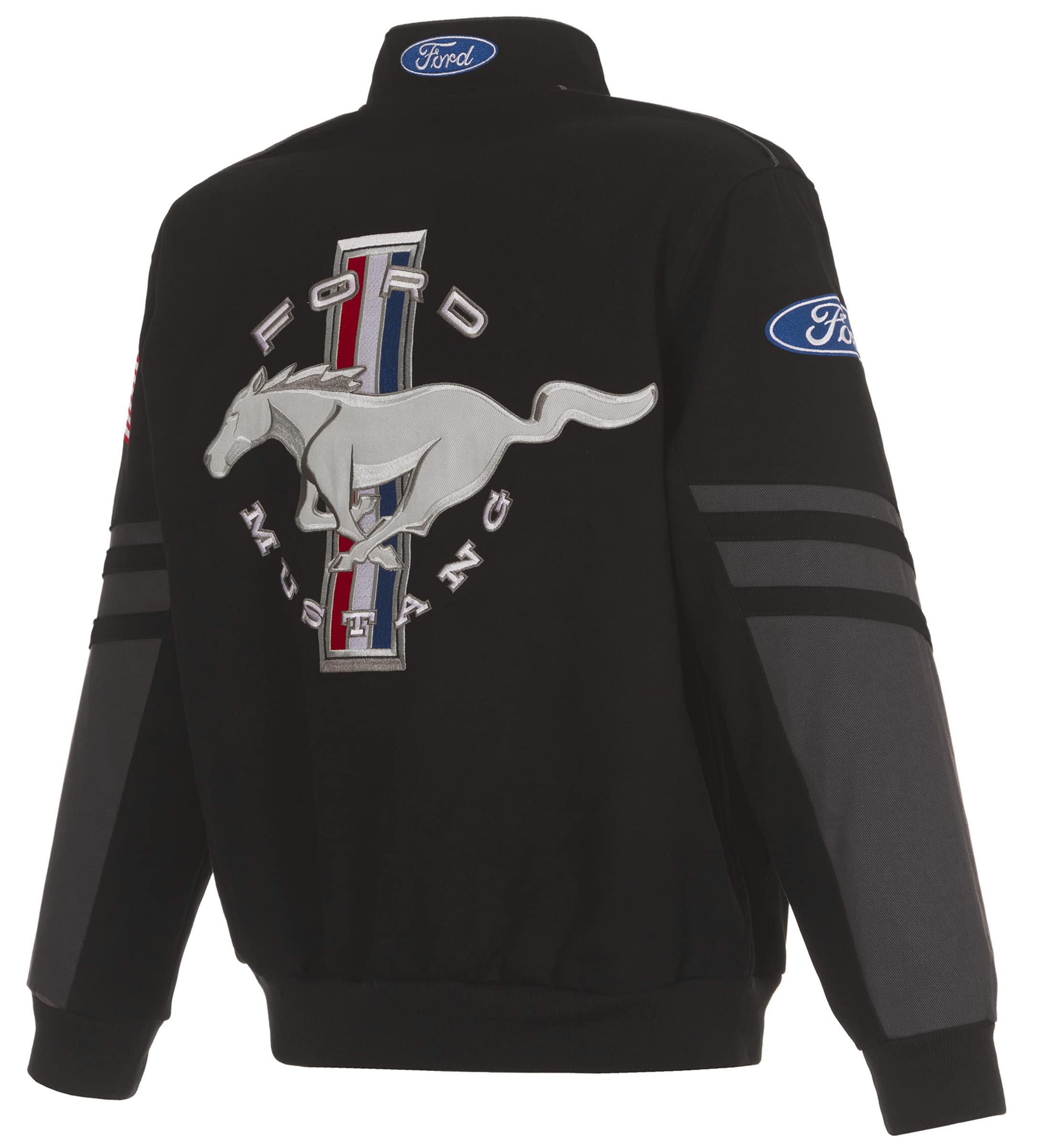 JH DESIGN GROUP Men's Ford Mustang Jacket an Embroidered Classic Twill Coat (BSC1 Black, Large)