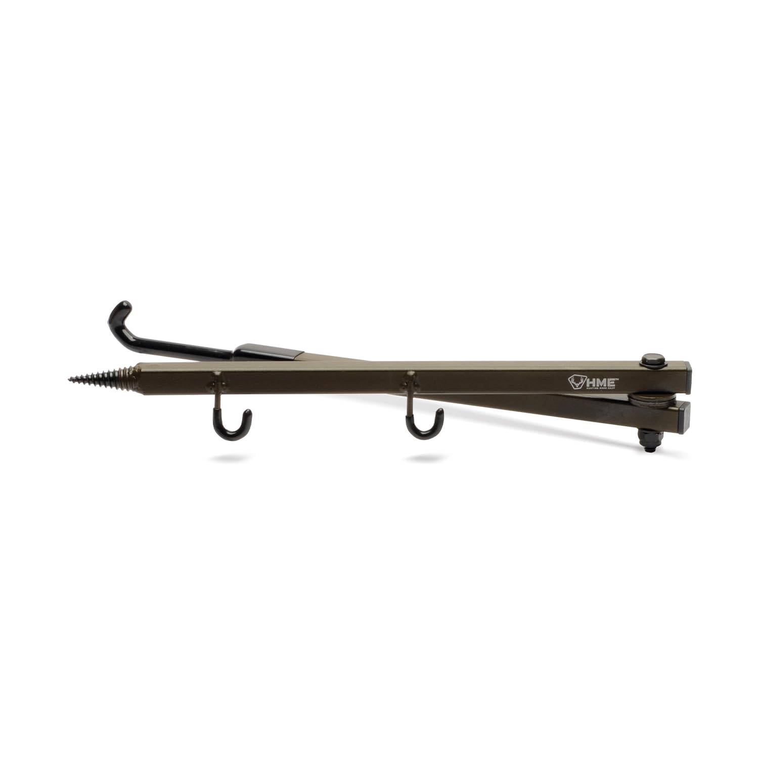HME Durable Secure Convenient Portable Folding Tree Stand Bow Hanger w/Two Accessory Hooks - Extends to 20", Folds to 10", Olive