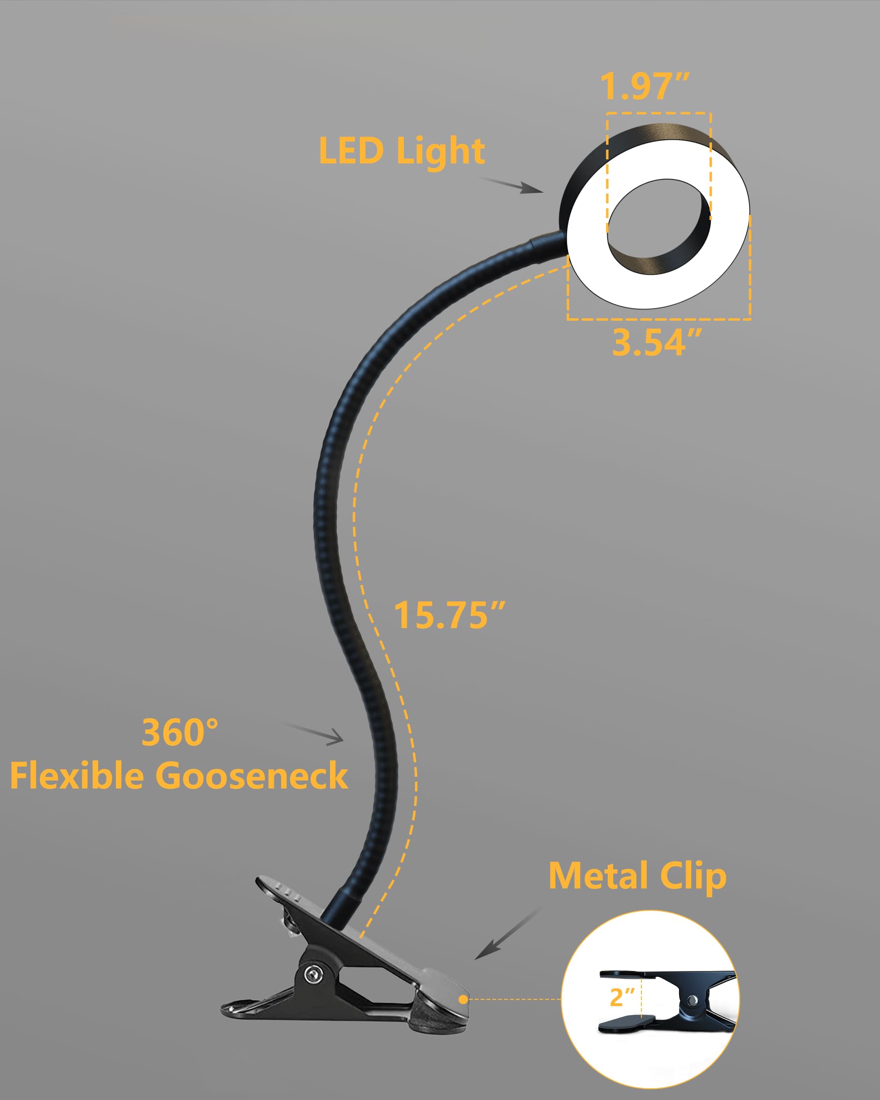 KOTUDAY Clip on Desk Lamp with Clamp for Reading Home Office, 360° Ajustable Clip Light for Bed Headboard, Bedside or Desk with 10 Dimmable Brightness 3 Eye-Care Color Modes