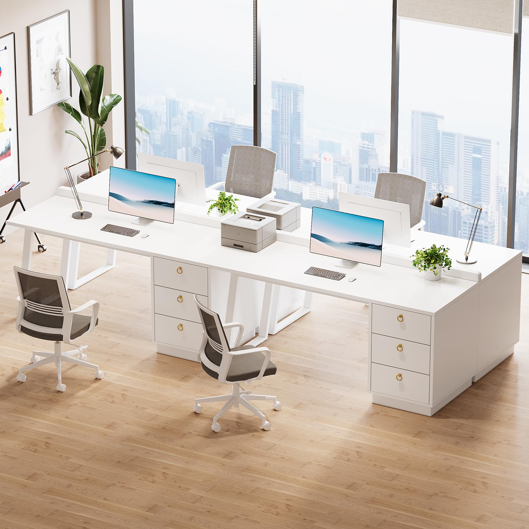 Tribesigns White Computer Desk with Drawers: 55 Inches Modern Home Office Desk with Storage, Small Wood Study Writing Work Table Workstation for Bedroom, White and Gold