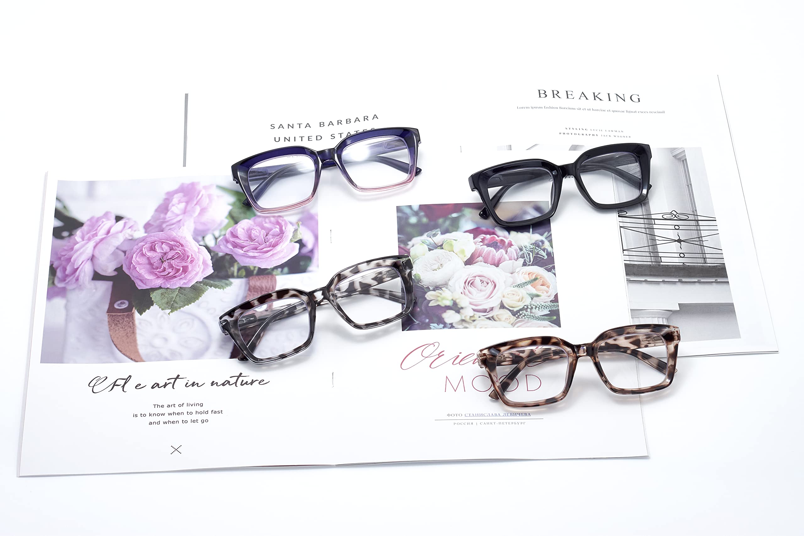 HIGHLIKE 3-Pack Oversized Blue Light Reading Glasses Women,Stylish Square Spring Hinge Readers Glasses,Black DarkBrownTortoise GrayTortoise 2.0 x