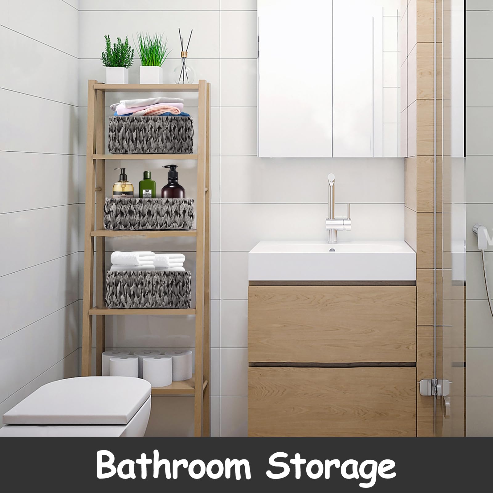 XLHOMO Bathroom Wicker Baskets Large for Shelves, Organizing, Waterproof Woven Storage with Handle for Toilet Shelf Baskets, Laundry Room, 3-Pack (Gray, Large)