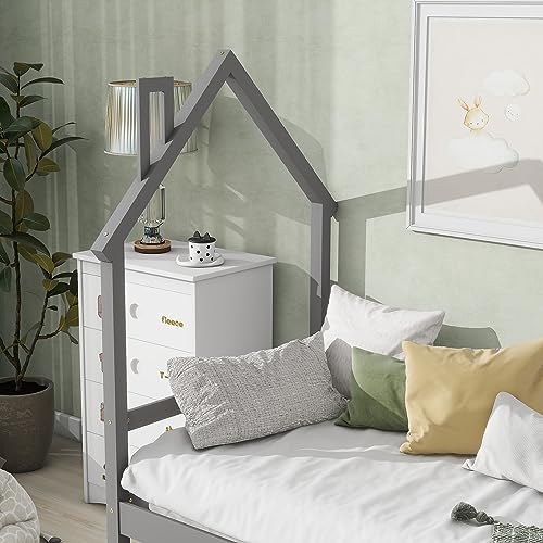 Twin Platform Bed with Trundle, Wooden House-Shaped Headboard Bed with Guardrails, Daybed Frame with Sturdy Slat Support for Kids Boys Girls Bedroom (Grey 06)