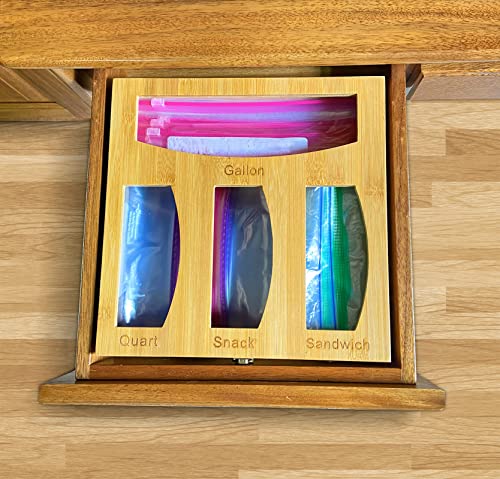 SOGUAOLO Bamboo Ziplock Bag Storage Organizer and Dispenser for Kitchen DrawerâFood Storage Bag Holders Compatible With Gallon, Quart, Sandwich & Snack Variety Size Bags.