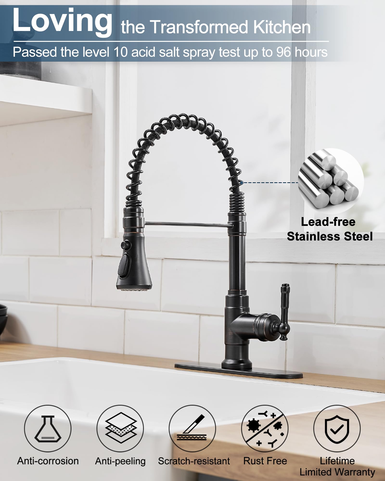HOIGY Oil Rubbed Bronze Kitchen Faucet 3 Hole or 1 Hole, 3-Function Pull-Down Sprayer Kitchen Faucets, Sink Faucet Kitchen, Single Handle Spring Kitchen Sink Faucet with Deck Plate for Farmhouse