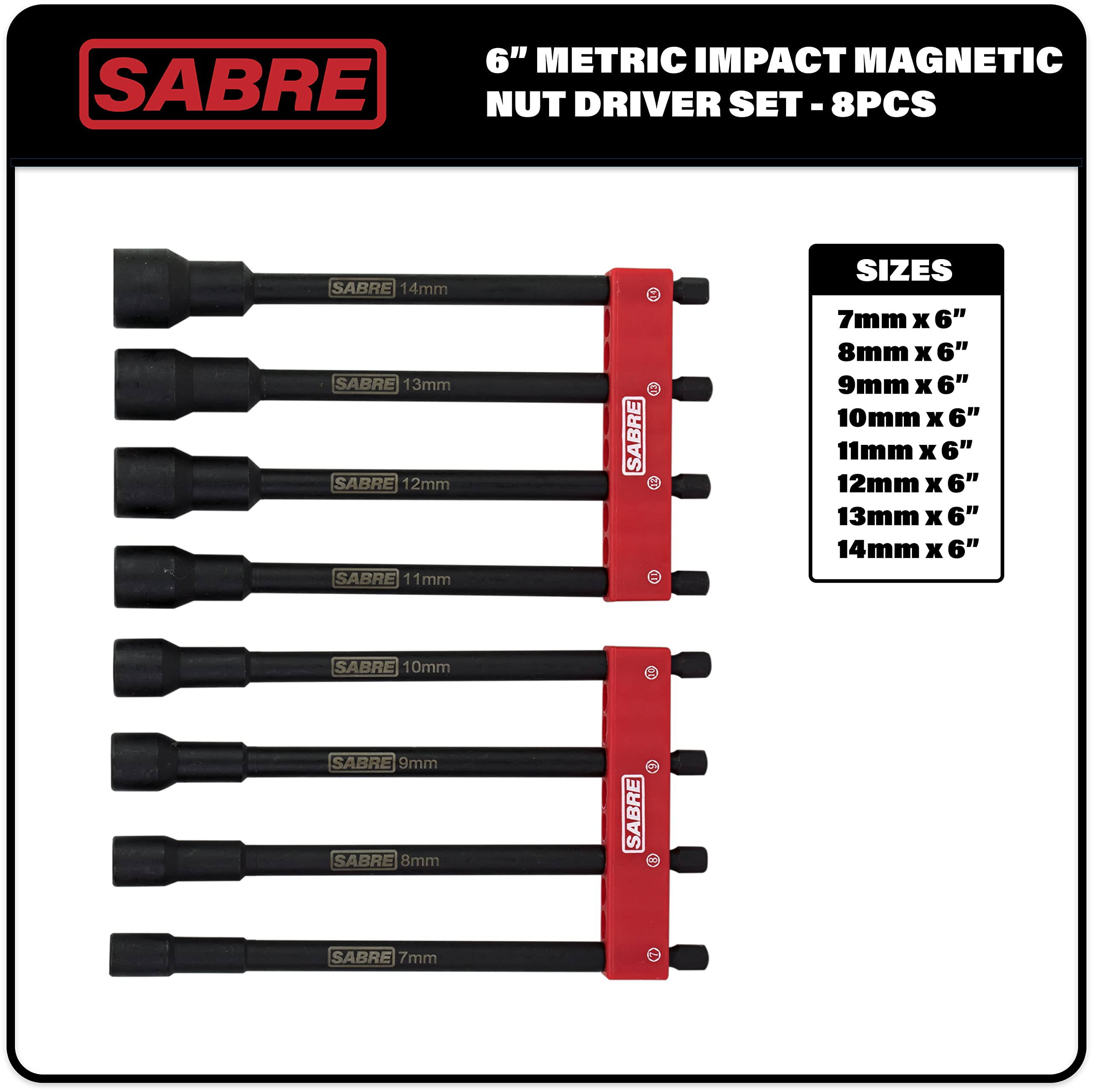 Sabre Tools 8 Piece Metric Impact Magnetic Nut Driver Set – 6 Inch Length, 1/4 Inch Hex Shank, Magnetic Socket Tip (8 Piece Metric Set)