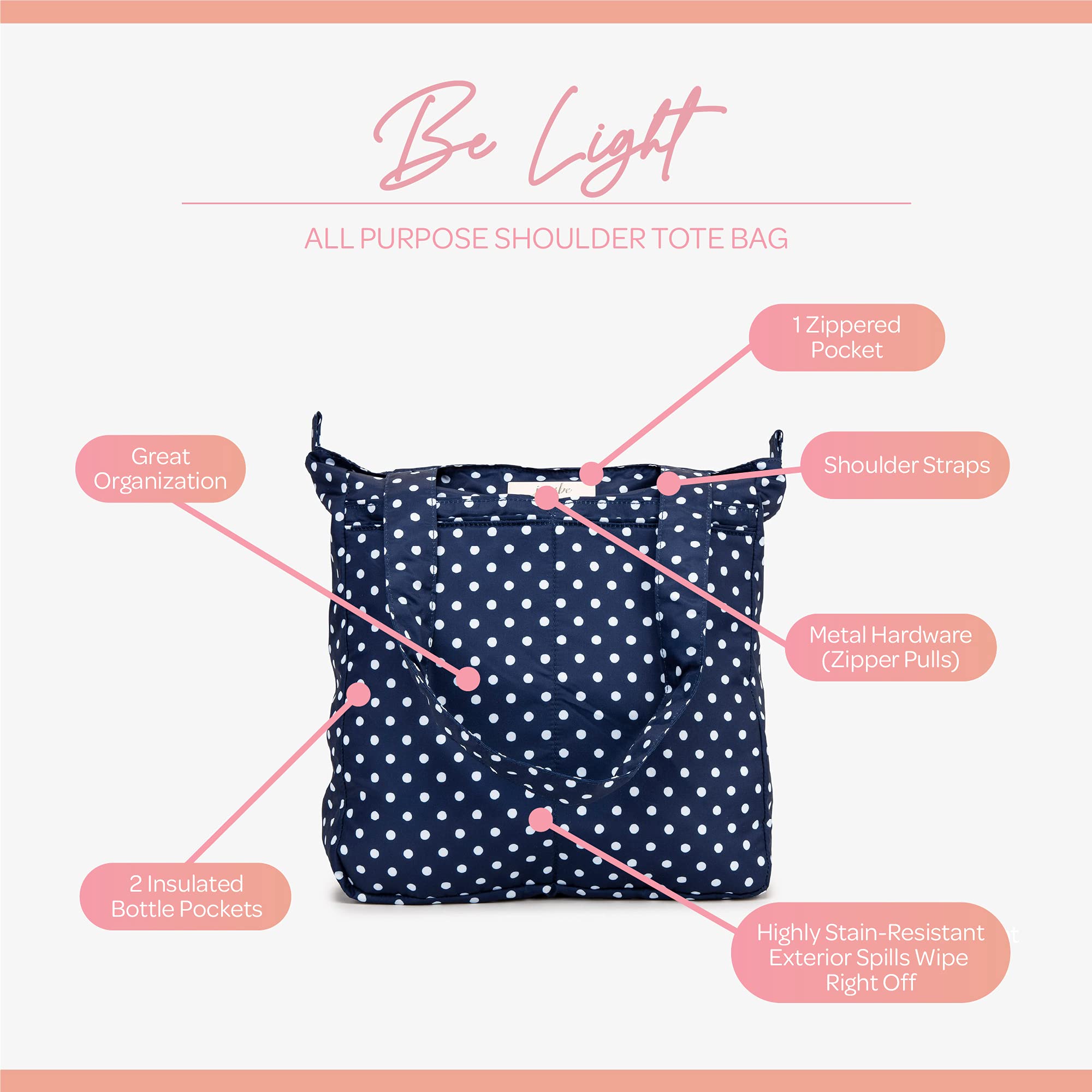 JuJuBe | Be Light Zippered Tote Bag | Foldable Shoulder Bag with Organization Pockets for Diapers, Gym, Travel | Navy Duchess