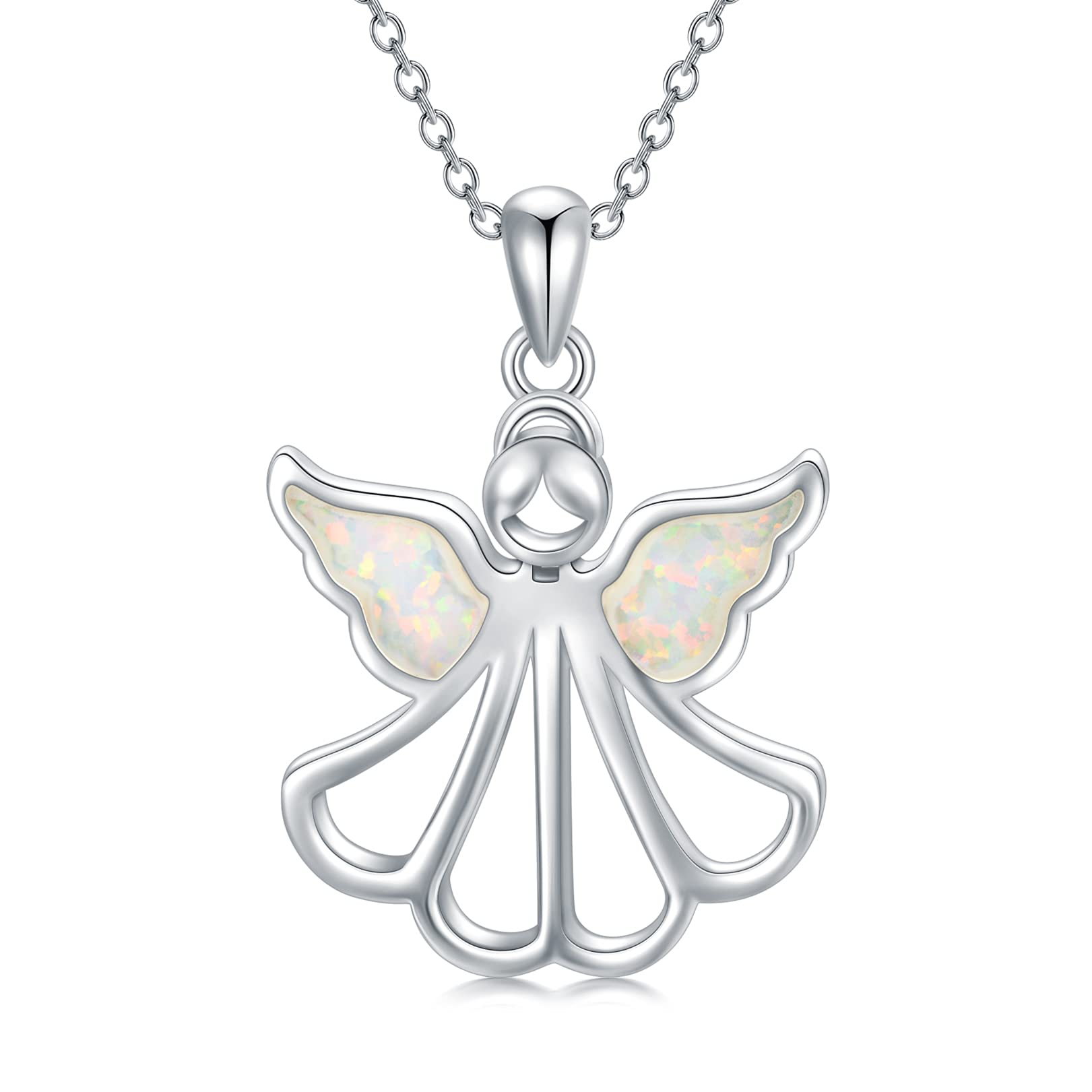 MEIDERBO Guardian Angel Necklace 925 Sterling Silver Opal Angel Wing Pendant Necklace Angel Jewelry Gifts for Women