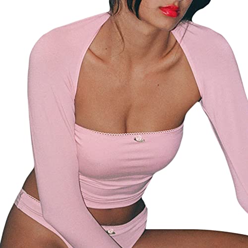 Women Y2k Square Neck T-Shirt Long Sleeve Lace Trim Crop Top Slim Fit Stretchy Blouse Top Aesthetic Clothes(Square 2pcs Pink,Medium)