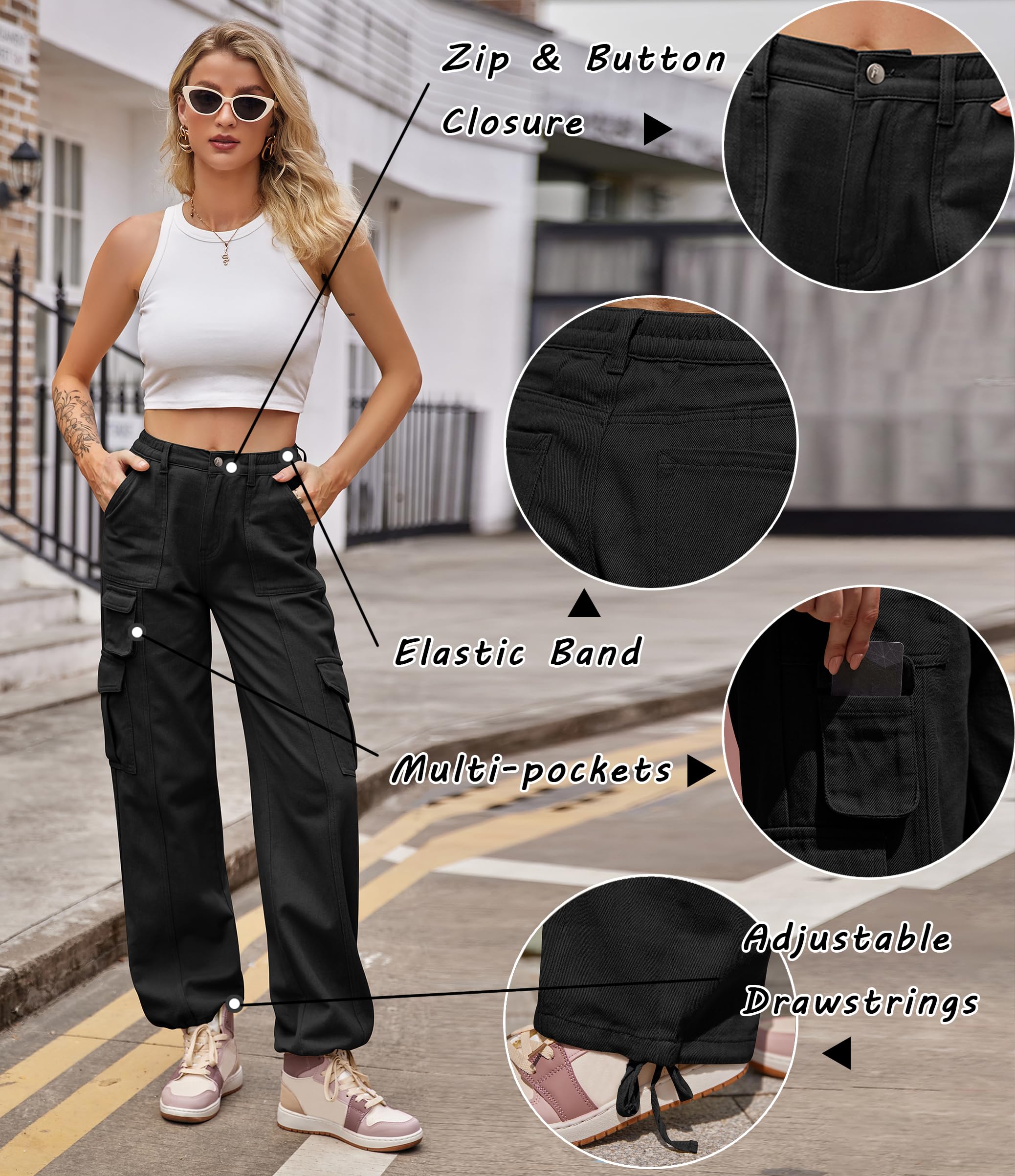 Hiistandd Women's High Waisted Cargo Pants Cotton Wide Leg Casual Pants Combat Military Work Trouser(Black,L)