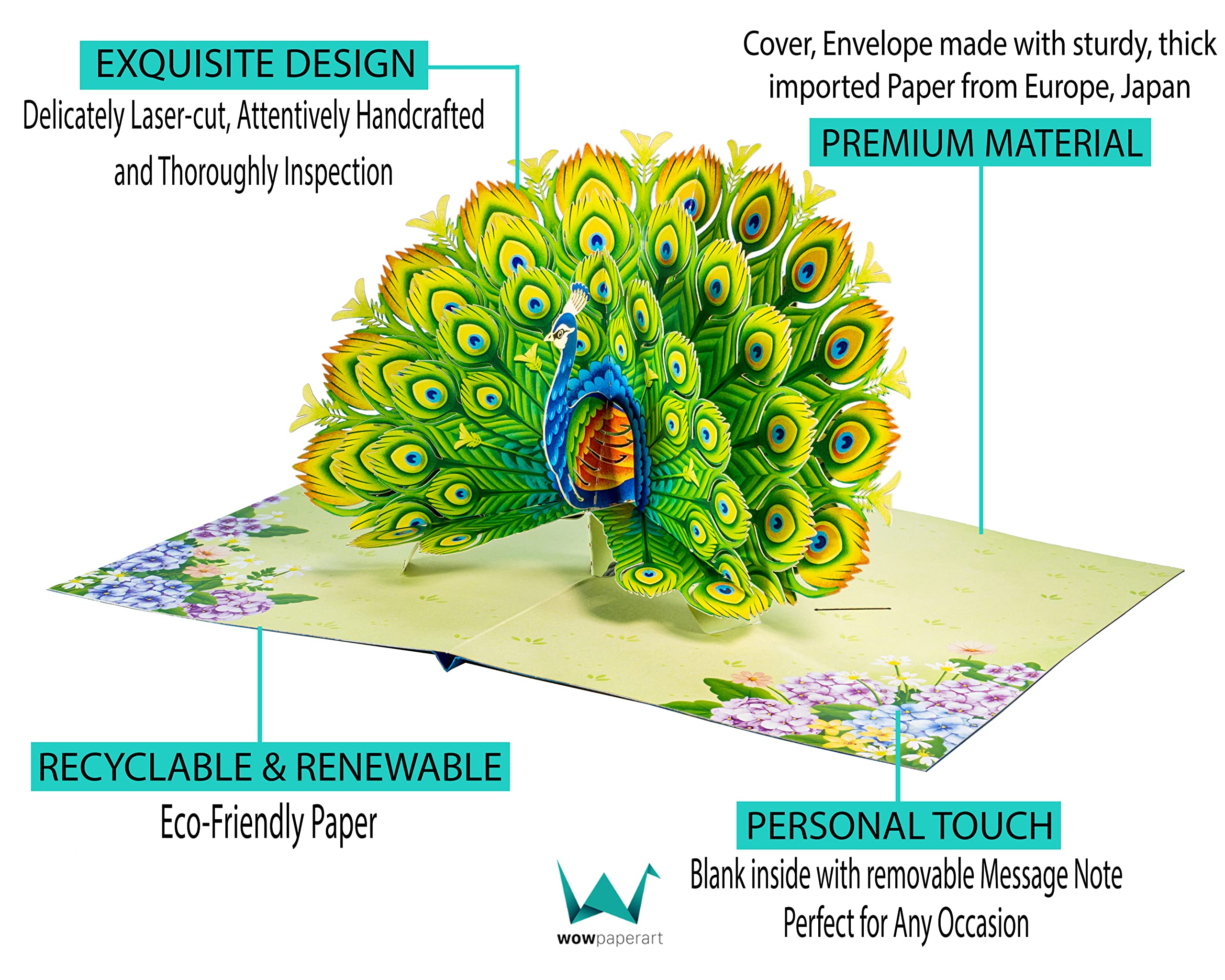WOWPAPERART Peacock - 3D Pop Up Greeting Card For All Occasions - Love, Birthday, Christmas - Message Note for Personalized - Thick Envelope - 5x7 In