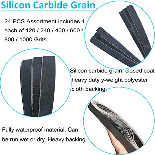 Sackorange 24 Pack 1 x 30 Inch High Performance Silicon Carbide Sanding Belts - 4 Pcs Each of 120 240 400 600 800 and 1000 Grits Premium Knife Sharpening Sanding Belts