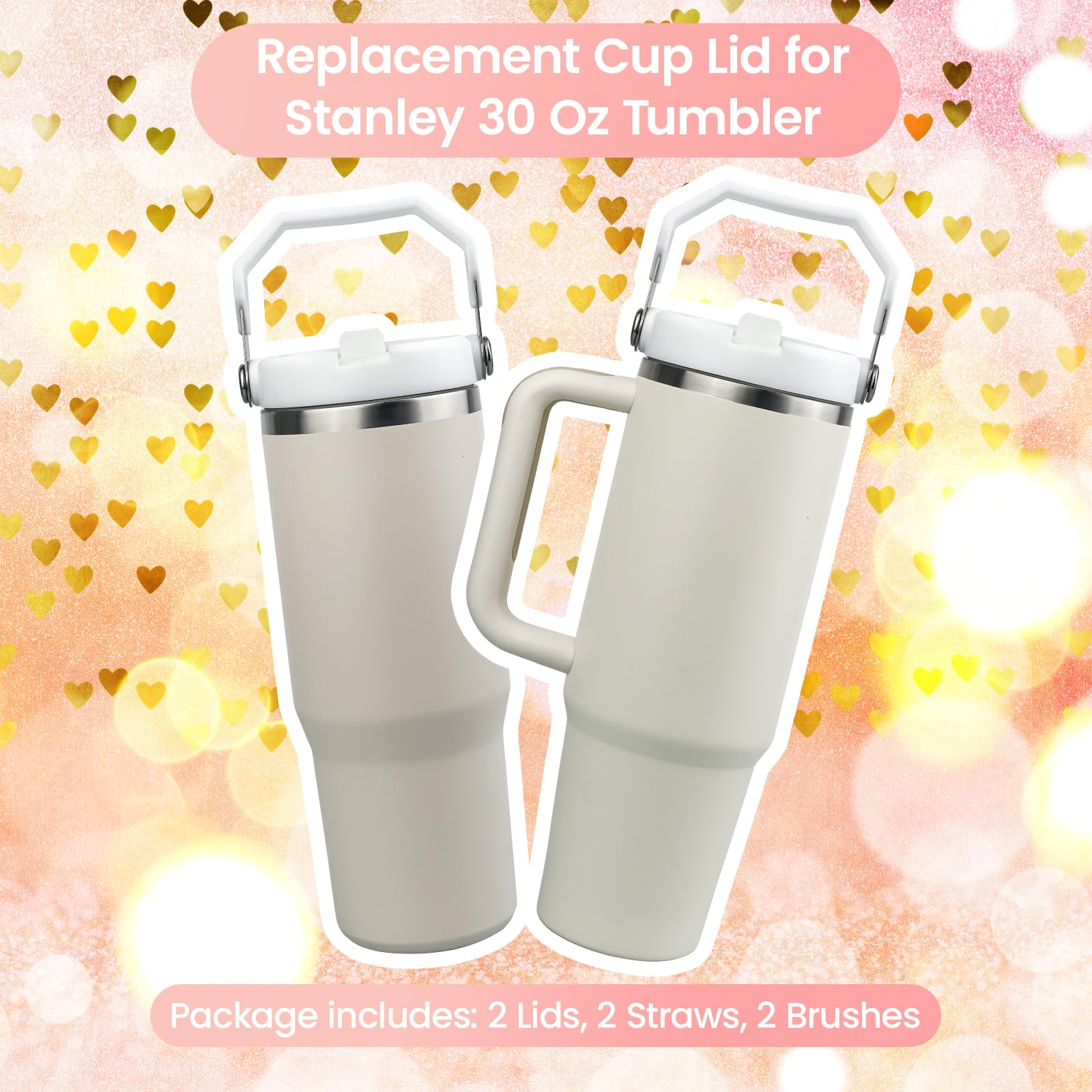 ZOSIX 2PCS Designed for Stanley Cup 30 oz Flip Straw Lid, Leak Proof Lid, Spill Proof Tumbler Lid Cup Lid Replacement for Stanley 30 oz Tumbler with Handle, White