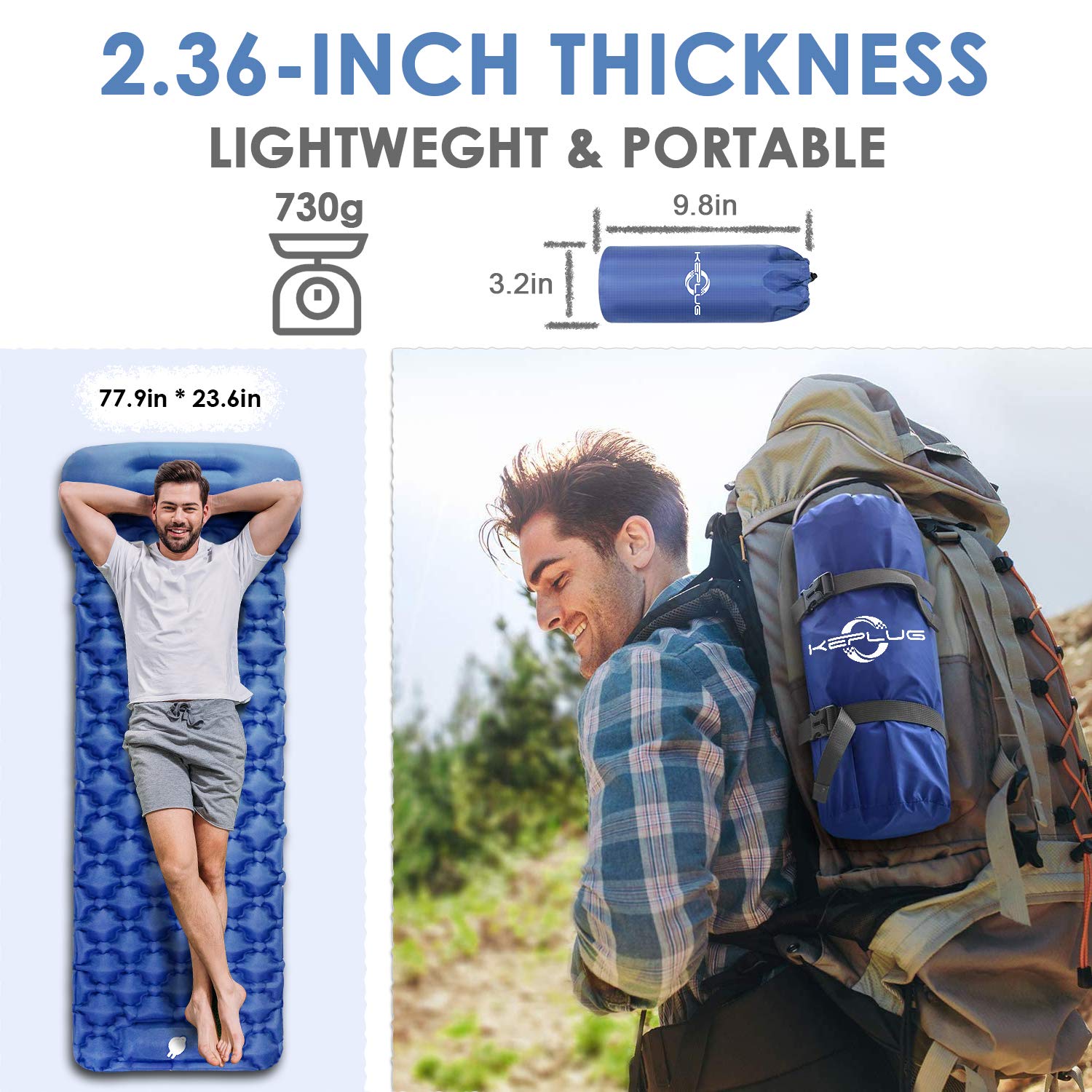 KEPLUG Inflatable Sleeping Pad for Camping, Ultralight Waterproof Sleeping Mat w/Pillow, Foot Pump Quick Inflation & Deflation, Thick Air Mattress for Backpacking Hiking Tent Travel - Blue