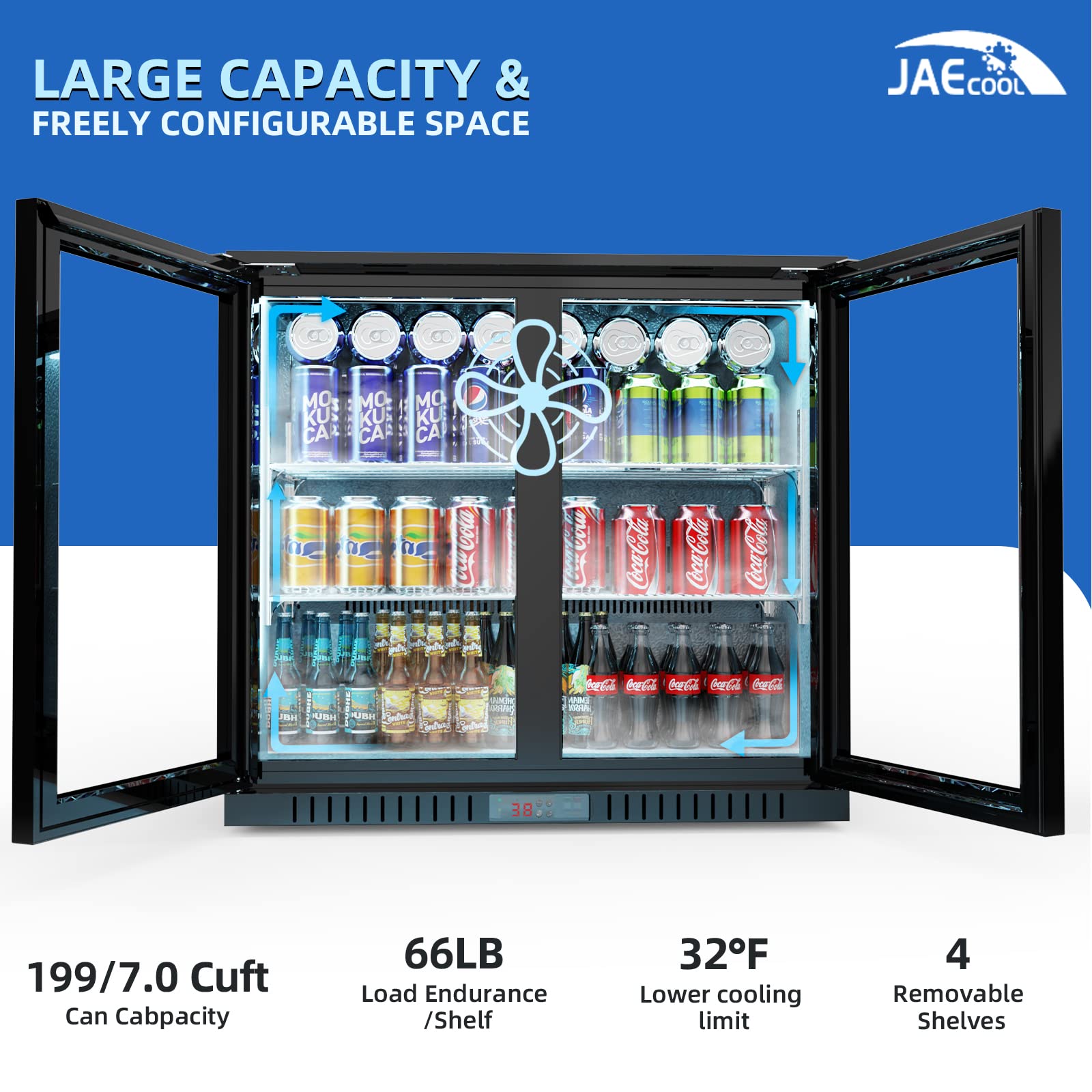 JAECOOL Back Bar Cooler Commercial Counter Height Refrigerator with 2 Glass Door,7.0 cu ft Beverage Cooler Undercounter Refrigerator, Commercial Display Fridge,Auto-defrost,Eco-friendly Compressor,ETL