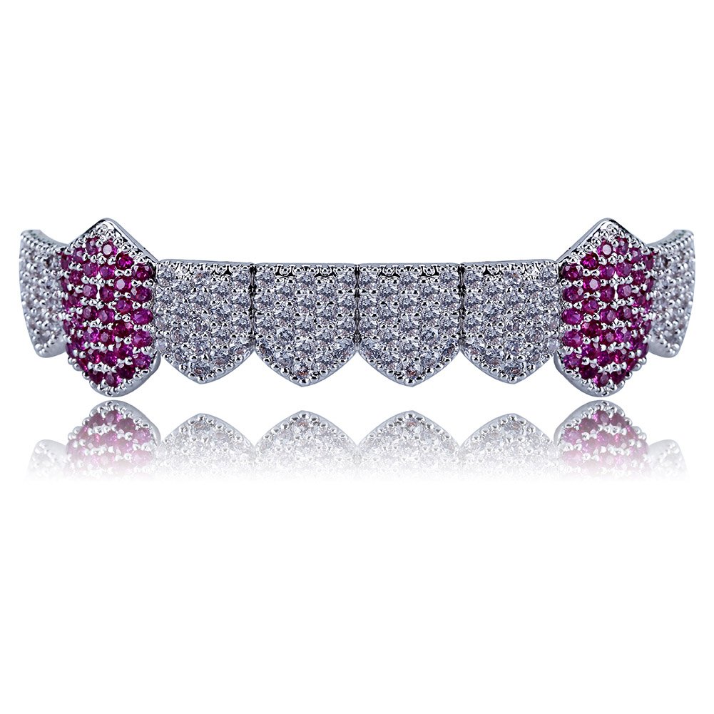 JINAO Silver Bottom 8 Teeth Grillz for Your Teeth 18K Gold Plated Iced Out Cubic Zirconia Fake Diamond Hip Hop Mouth Grill for Women Men(White Gold Pink)
