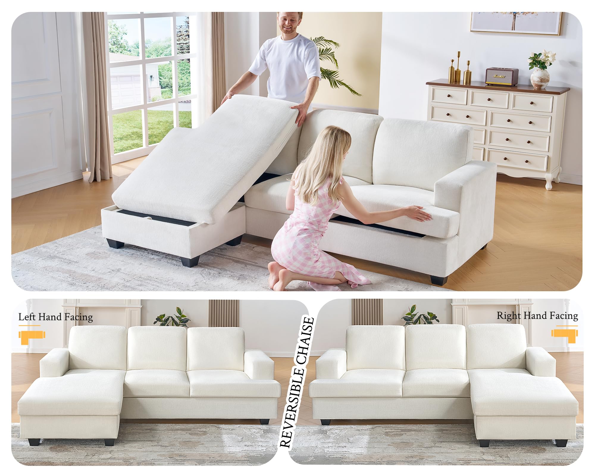 VanAcc 89 Inch Convertible Sofa with Storage, Reversible L Shape Sofa Couch with Chaise, Comfy couches for Living Room, Beige Chenille