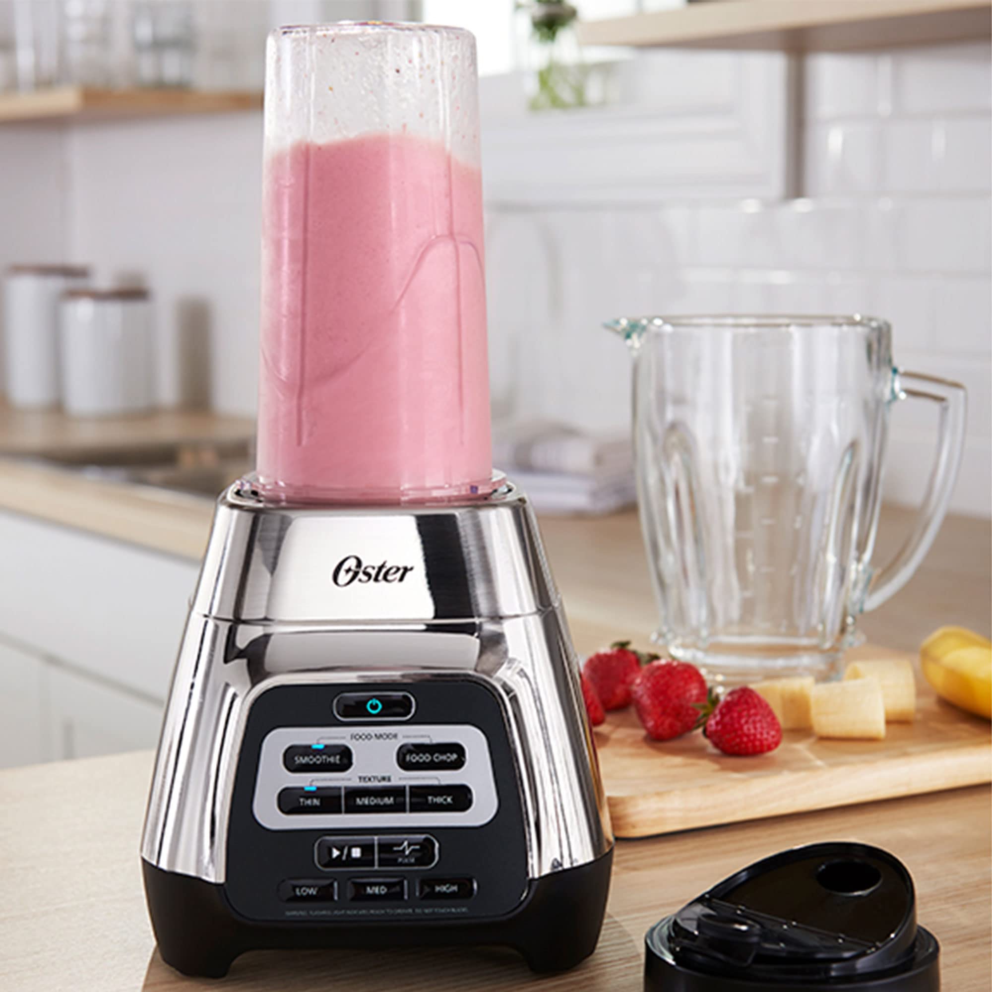 Oster Master Series 800 Watt Kitchen Blender w/Pre-Programmed Texture Select Settings, 6 Cup Shatter Resisting Glass Jar, and 24 Ounce Blend-N-Go Cup