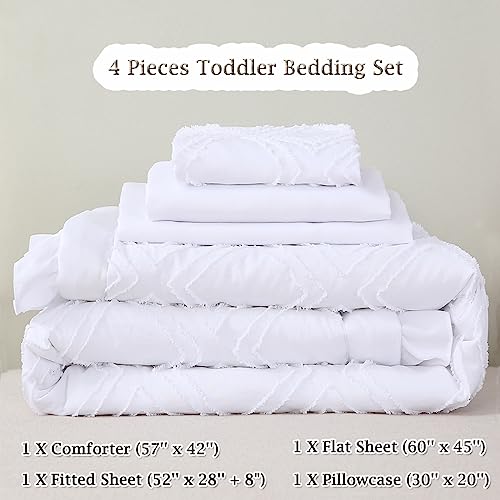 ZRNBAST 4-Piece White Toddler Bed Sets Tufted, 100% Microfiber Fluffy Toddler Comforter Set Tufts Ruffle Chic Bohemian for Girl Boy, Include Comforter, Flat Sheet, Fitted Sheet, Pillowcase (White)