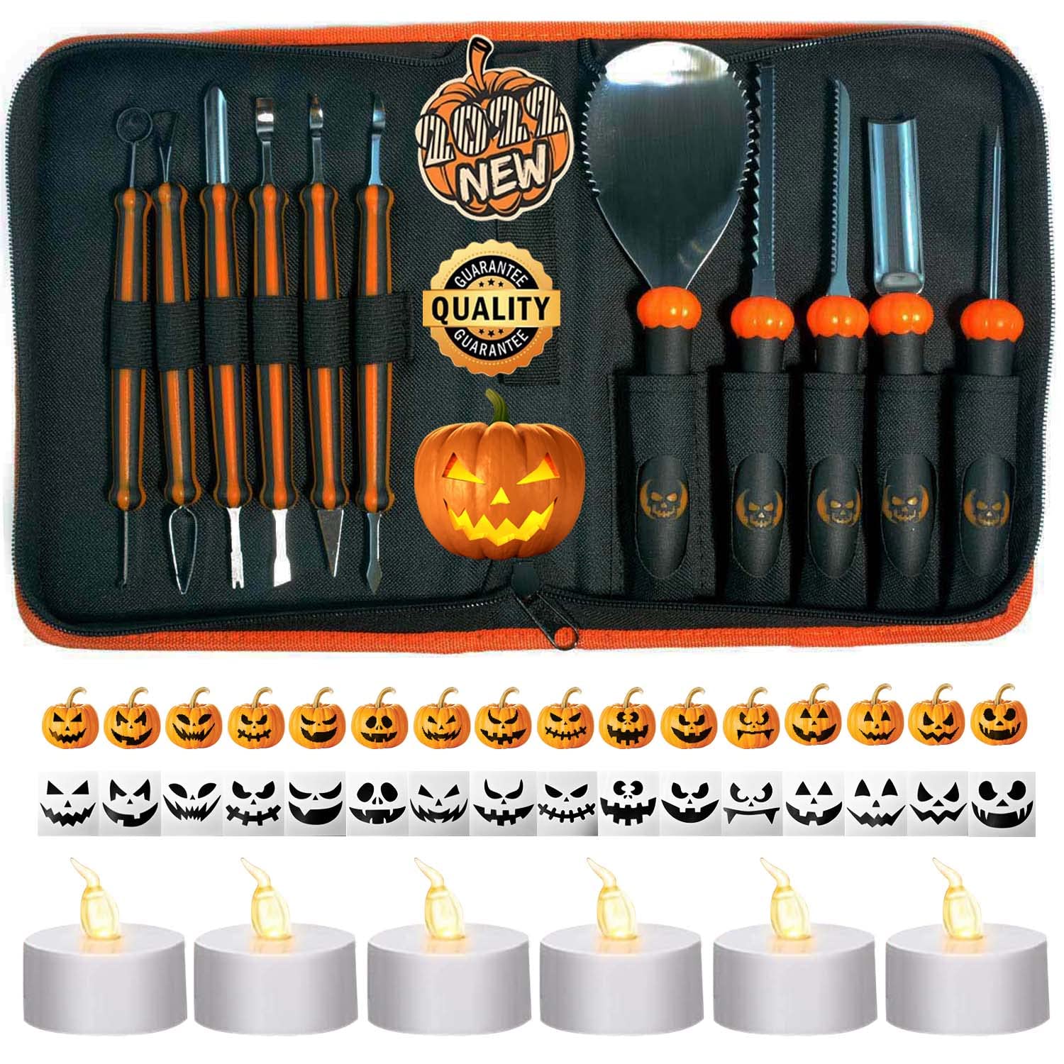 Pumpkin Carving Kit for Adults & Kids, With Professional Comfortable Handle Stainless Steel Carving Knife Set, Detail Sculpting Tools, Pumpkin Patterns, LED Light Candles, For Halloween Decoration