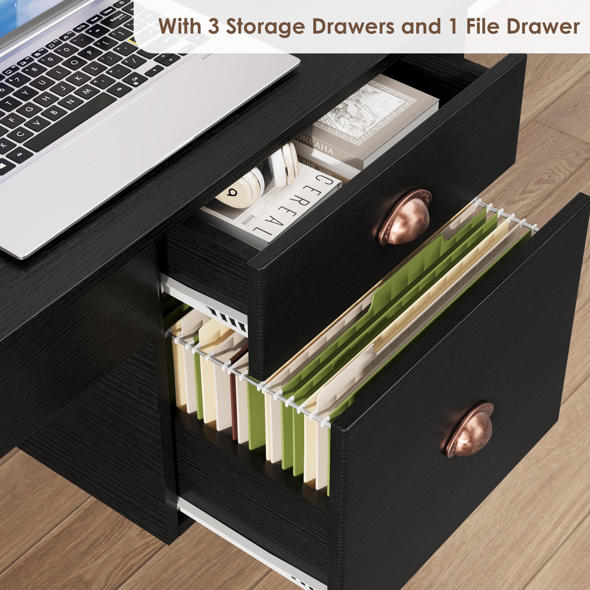 TTVIEW Computer Desk with Storage Drawers & USB Charging Port, Home Office Executive Desk with Hutch Shelf and File Drawer, Writing Study Table with 47" Wide Tabletop for Small Spaces, Black