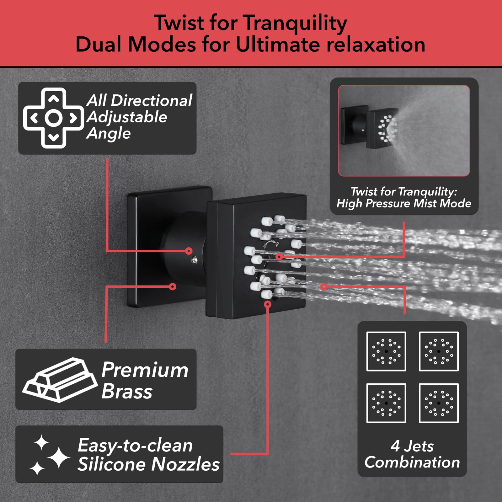 VANFOXLE Shower Faucet Set Matte Black Shower System,Four Modes Shower Faucet with 2 in 1 Handheld,Ceiling Mount 10 Inch Shower Head with 6 Inch Shower Head, 4 PCS Dual Modes Body Jets