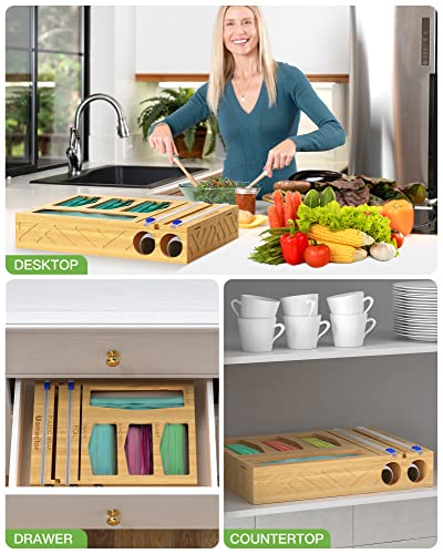 Uamector 6 In 1 Foil and Plastic Wrap Organizer, Ziplock Bag Organizer for Kitchen Drawer, Plastic Wrap Dispenser with Cutter, Bamboo Bag Storage Organizer for Gallon, Quart, Sandwich