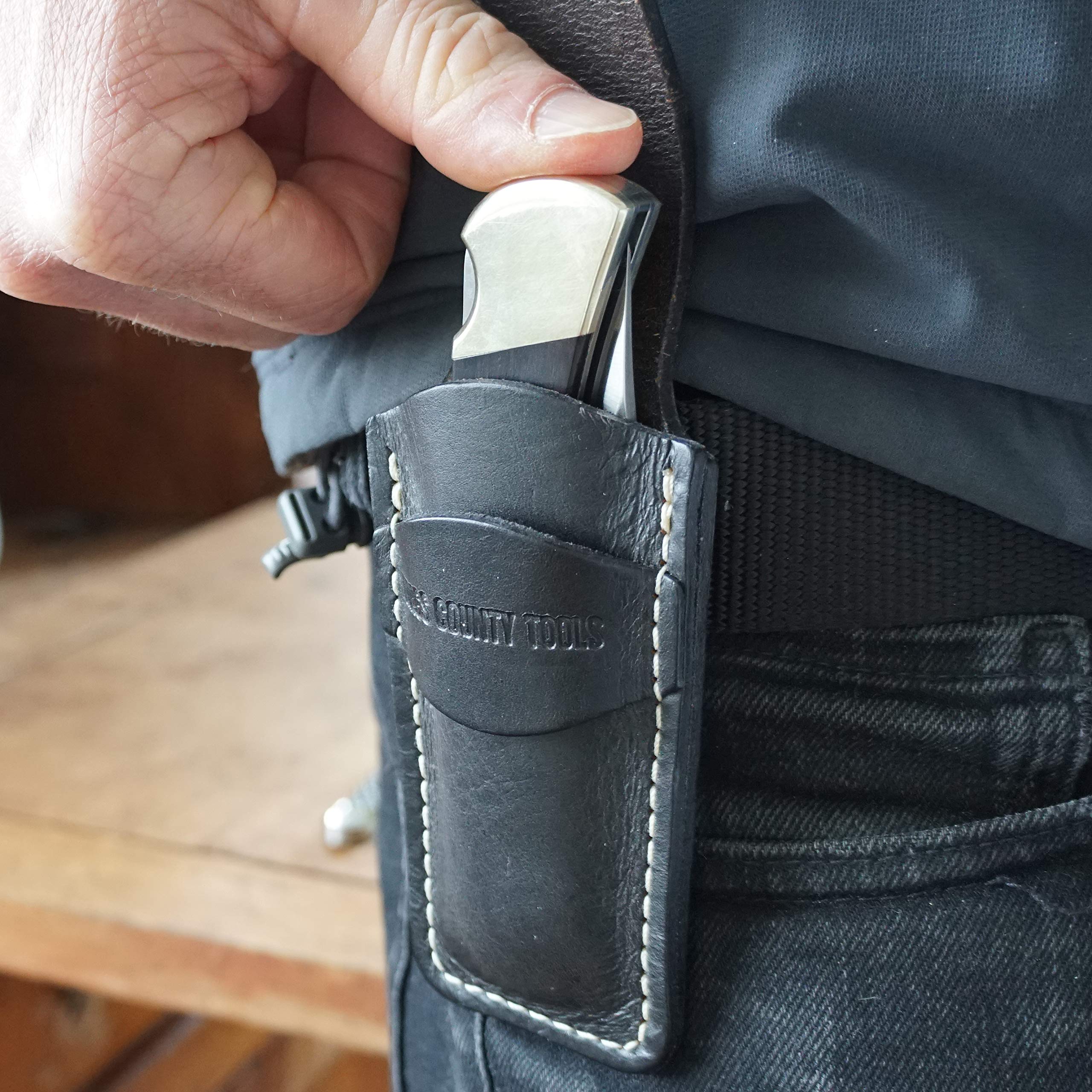 Kings County Tools Lock-Back Hunting Knife | USA Made Leather Sheath | 3-3/4” Long Blade | Total Open Length of 8-3/4” | Sturdy and Compact | Integrated Belt Loop