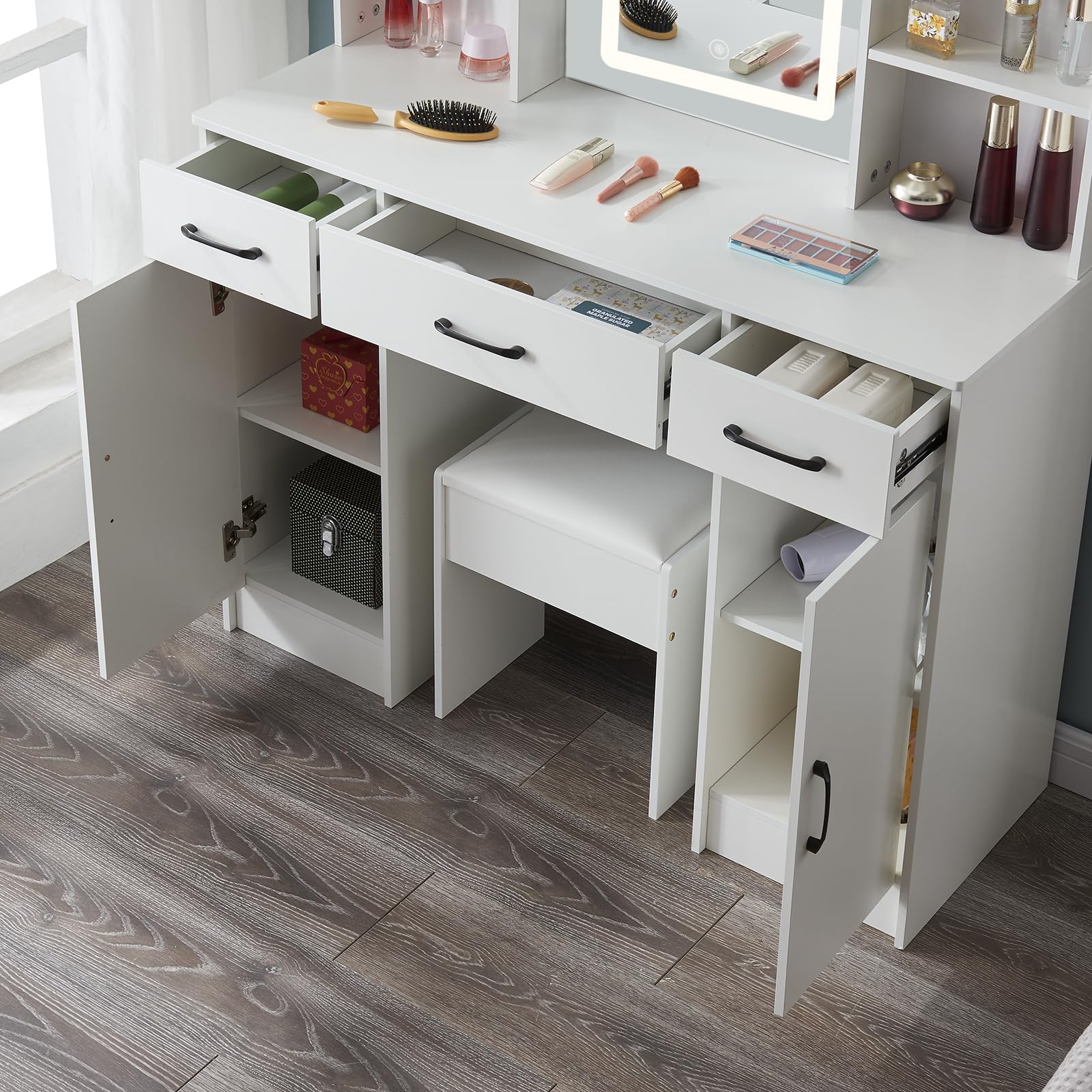 Hikooo Large Makeup Vanity 42" W Dresser with Lights and Mirror, 2 Large Drawer & Six Level Storage Dresser, 3 Color Lighting Modes Adjustable Brightness Bedroom Dressing Table - White