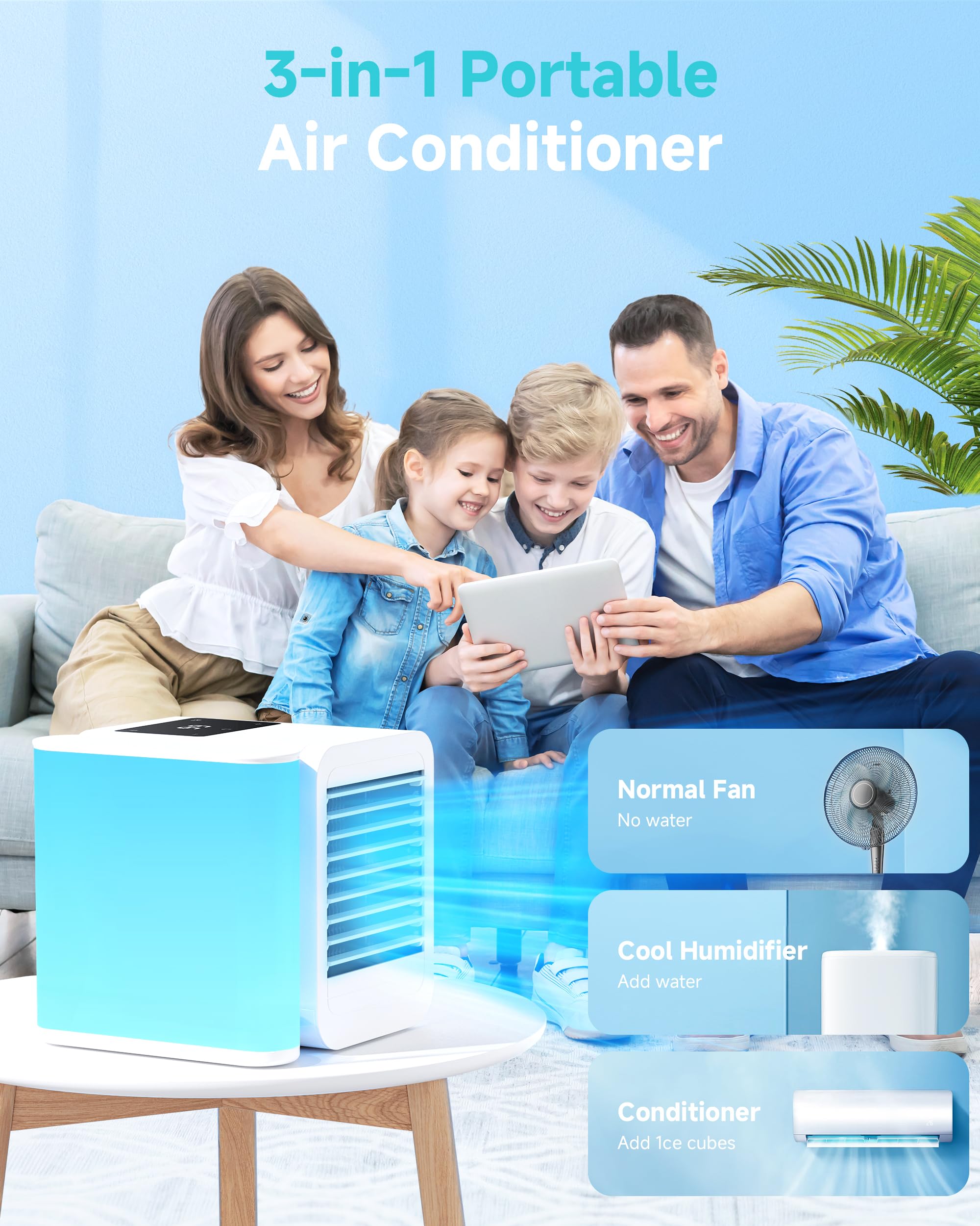 Portable Air Conditioner Mini AC: Evaporative Mini Air Cooler with ๐ณ ๐๐ผ๐น๐ผ๐ฟ๐, USB Personal Air Cooler Desktop Cooling Fan Unit with ๐ญ๐ฌ๐ฌ๐ฌ๐บ๐น ๐ช๐ฎ๐๐ฒ๐ฟ ๐ง๐ฎ๐ป๐ธ for Room Office Home