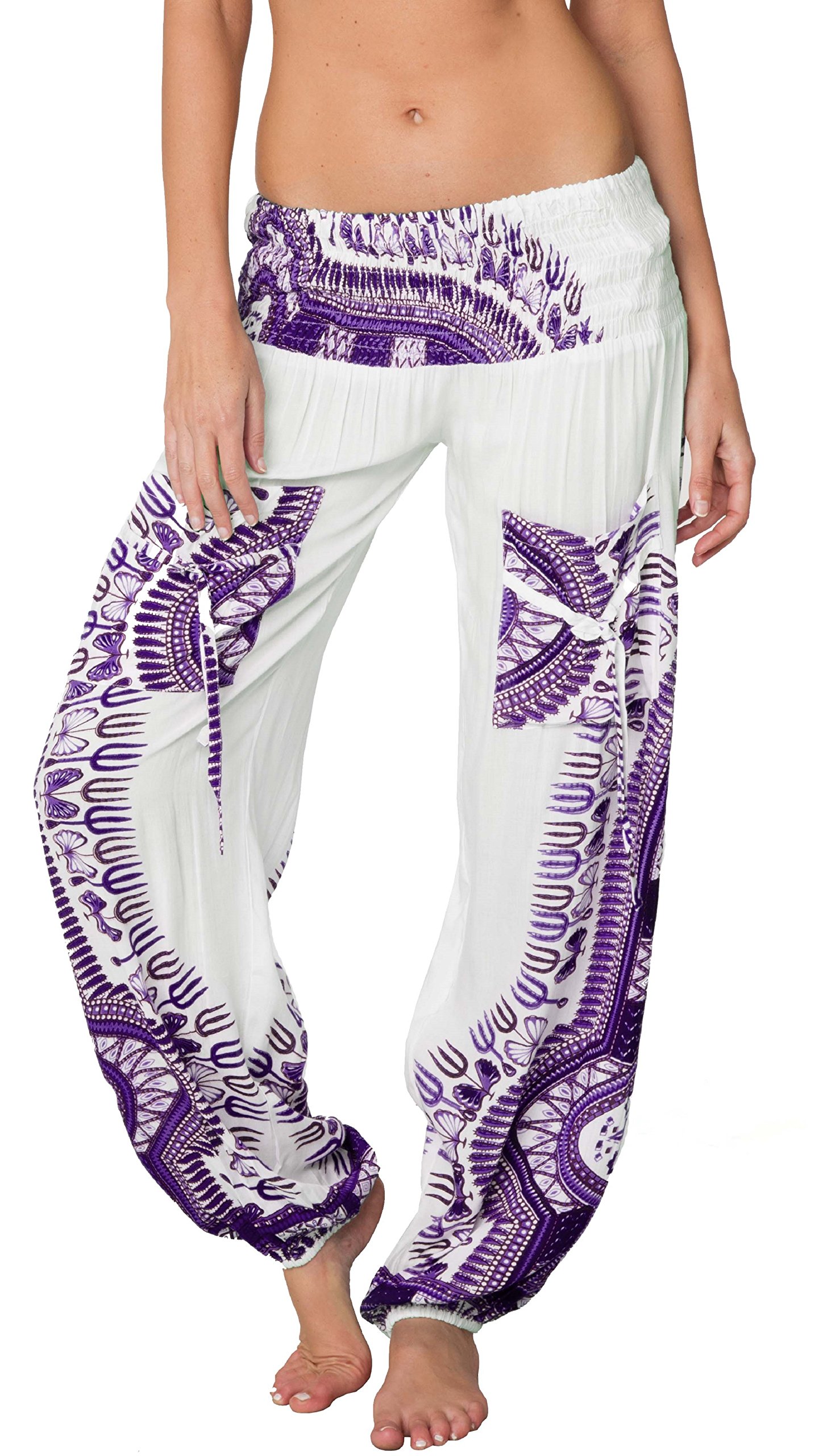 INGEAR Smocked Harem Pants Hippie Bohemian Casual Gypsy Print Yoga Baggy Boho (Medium, White/Purple)