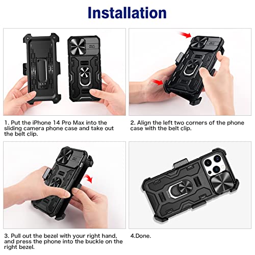 VEGO Armor Case for iPhone 14 Pro Max 5G 2022, Slide Camera Cover & Belt Clip Holster & Magnetic 360°Ring Kickstand Military Grade Heavy Duty Protection Case for iPhone 14 Pro Max 6.7”- Midnight Black