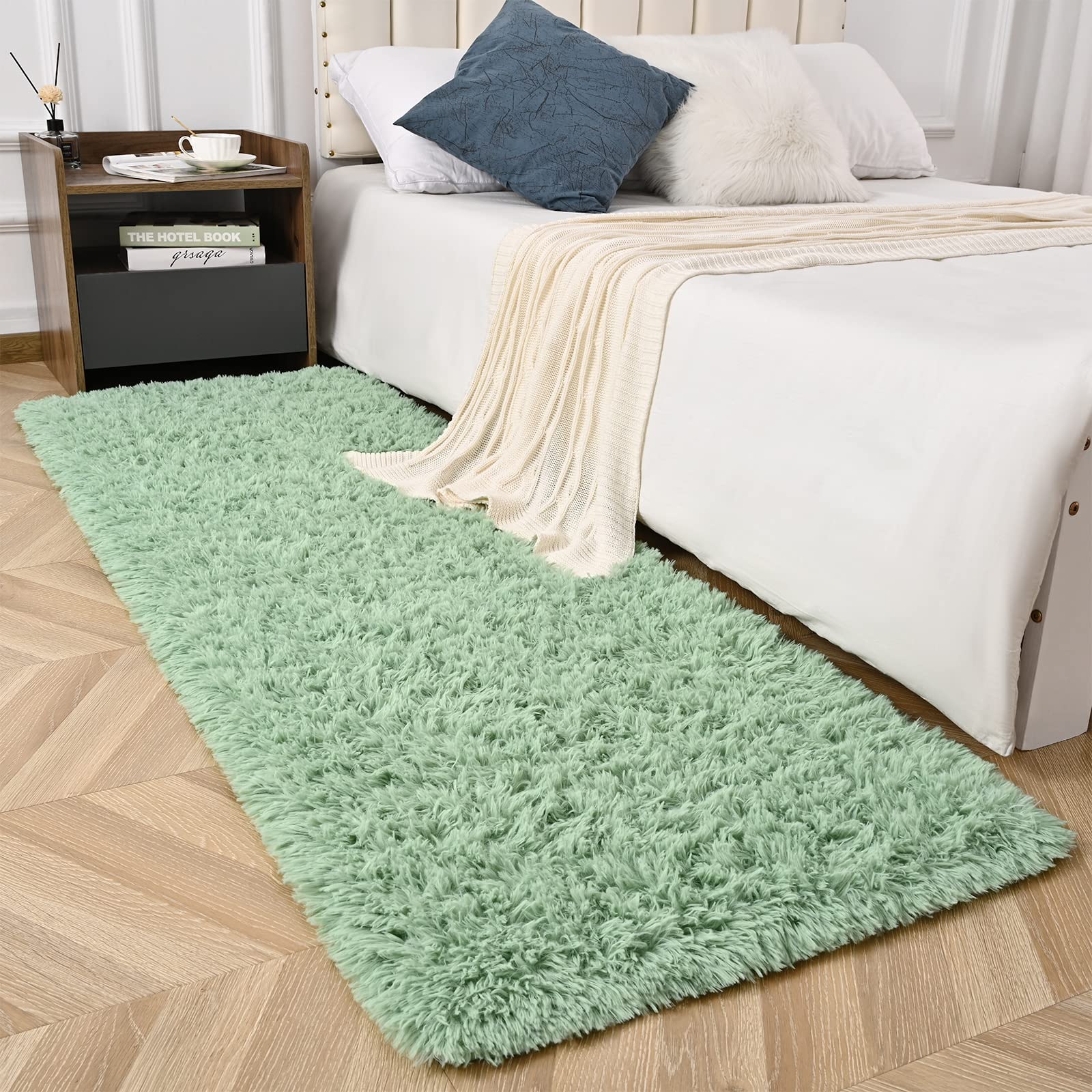Zedrew Sage Green Runner Area Rugs for Bedroom Living Room, 2x4 Feet Fluffy Bedside Rugs, Soft Shaggy Carpet Rug for Kids Room Nursery, Furry Rugs for Girls Boys Dorm Room Home Decor