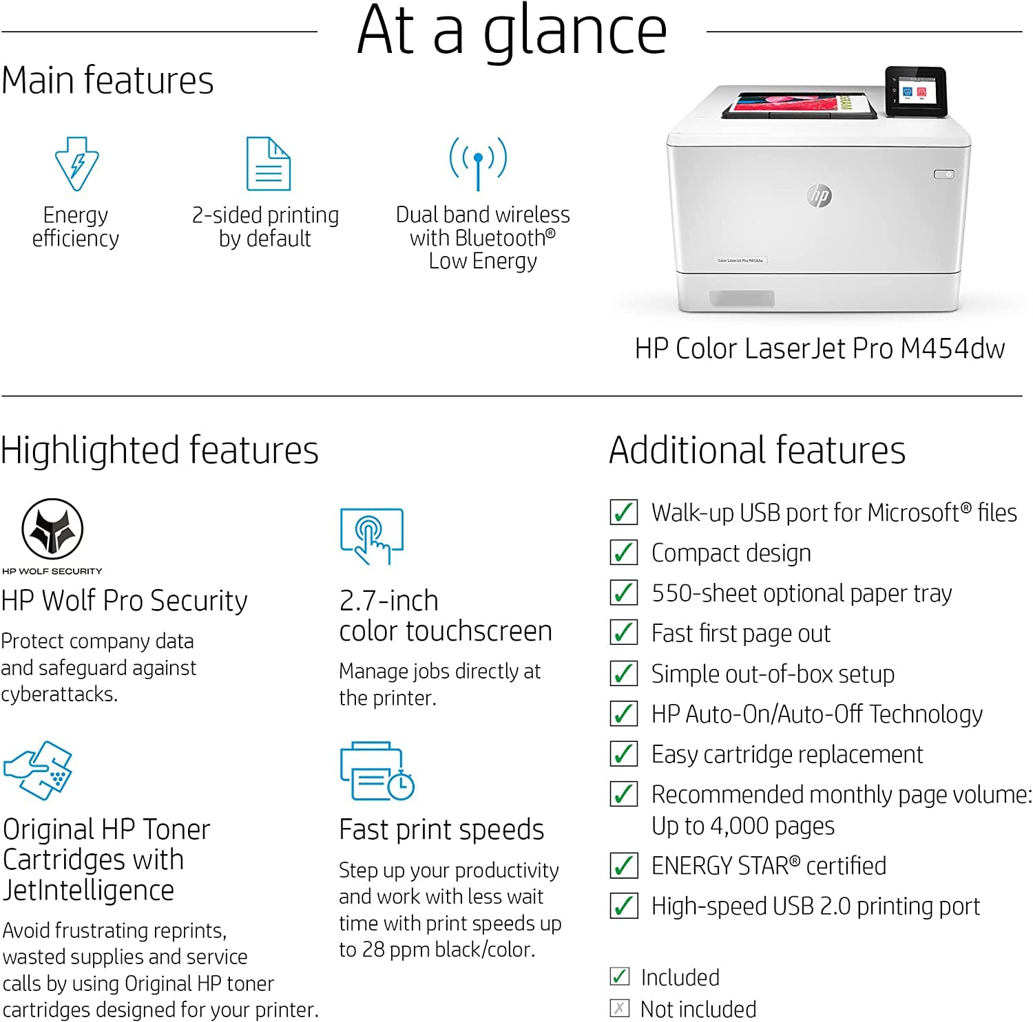 HP Color Laserjet Pro M454dwB Wireless Laser Printer, Auto Duplex Printing, 28 ppm, 250-Sheet, Built-in Wi-Fi, Security Features, WULIC Printer Cable