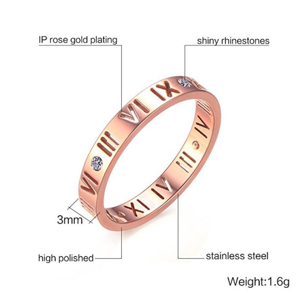 JAJAFOOK Women's Stainless Steel CZ Roman Numeral Ring,Rose Gold/Silver,Size 4-9