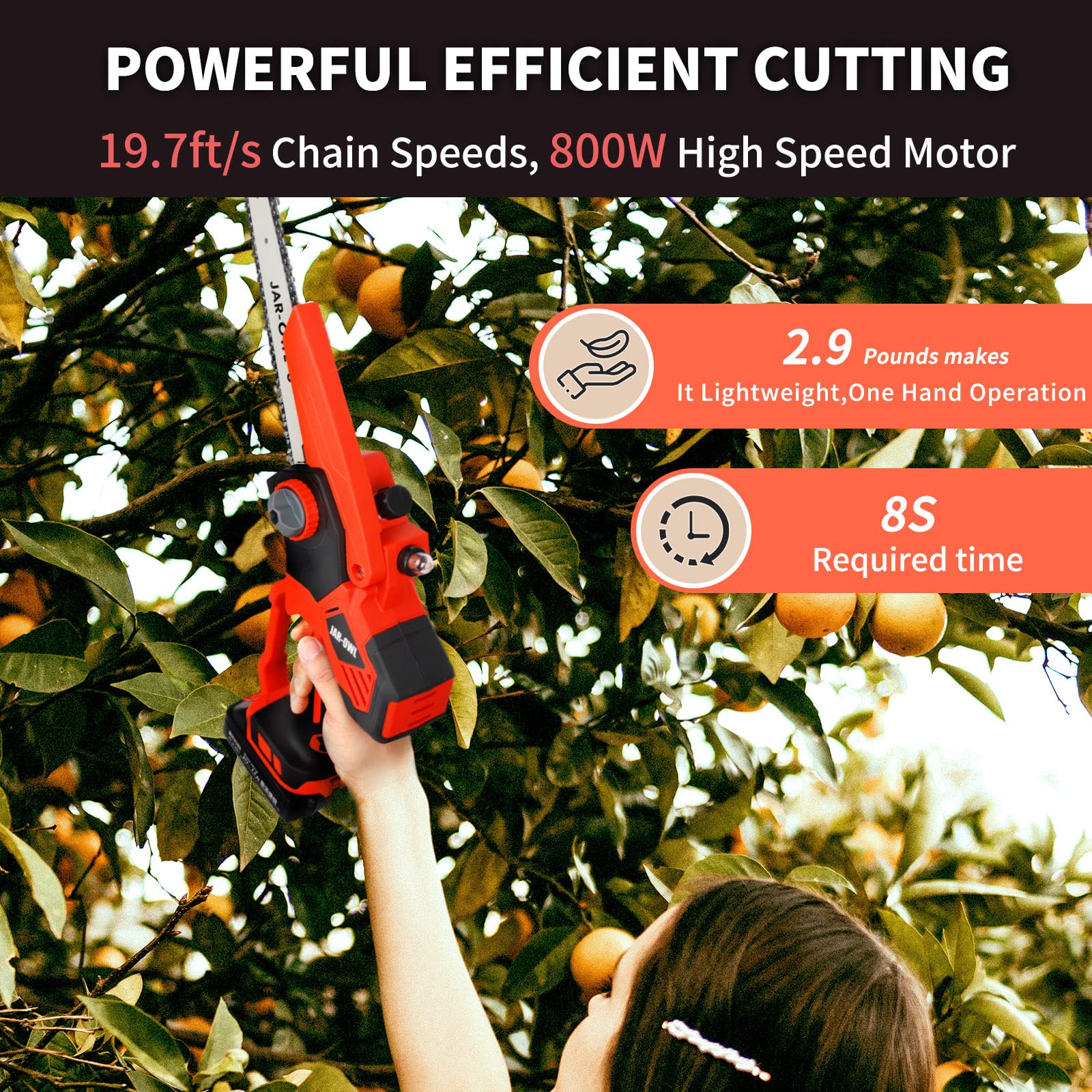 Jar-Owl 21V 8-inch & 6-inch 2.8Lb Cordless Mini Chainsaw - High-end Upgrade with Handheld Electric Auto Oiling System and 2 Big 2000mAh Batteries for Pruning and Cutting Branch Trees