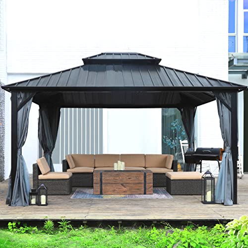 VEIKOU 12' X 14' Hardtop Gazebo, Patio Gazebo w/Double Roof & Aluminum Frame, Heavy Duty Gazebos and Pergolas w/Netting and Curtains for Garden, Deck, Backyard